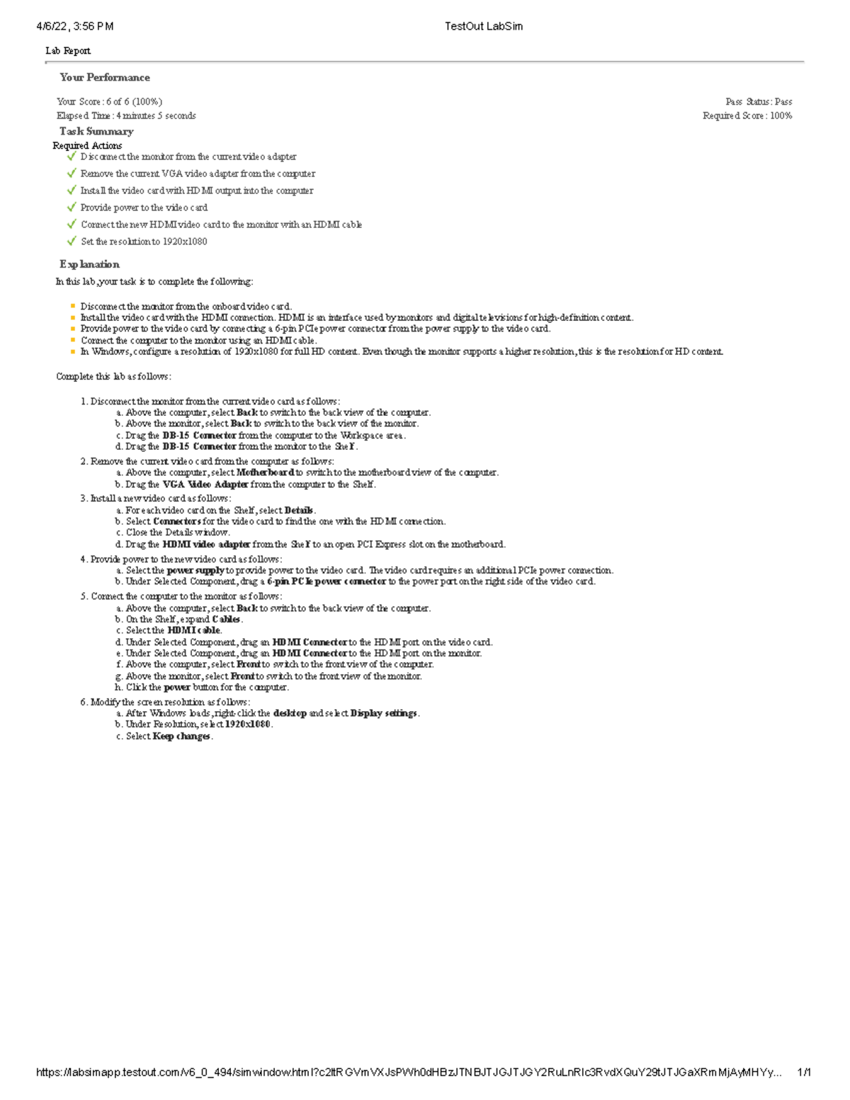 Upgrade a Video Card - Test Out Lab Sim Results - 4/6/22, 3:56 PM ...
