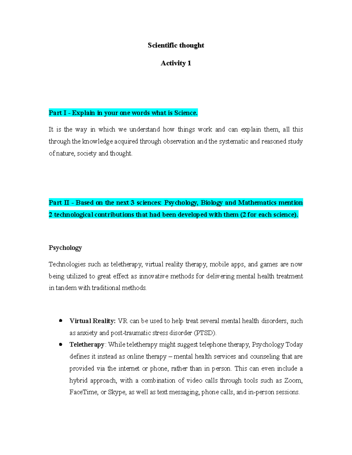 Scientific thought - Activity 1 - Scientific thought Activity 1 Part I ...