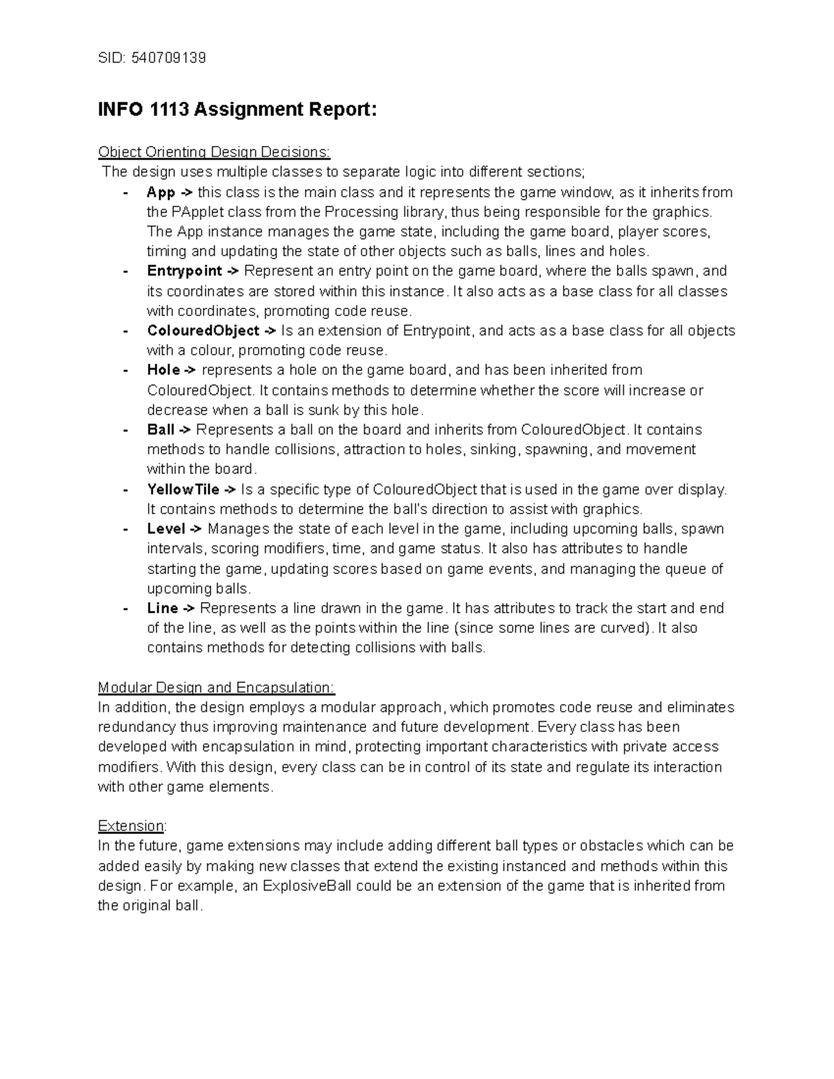 INFO 1113 Assignment Report - SID: 540709139 INFO 1113 Assignment Report: Object Orienting ...