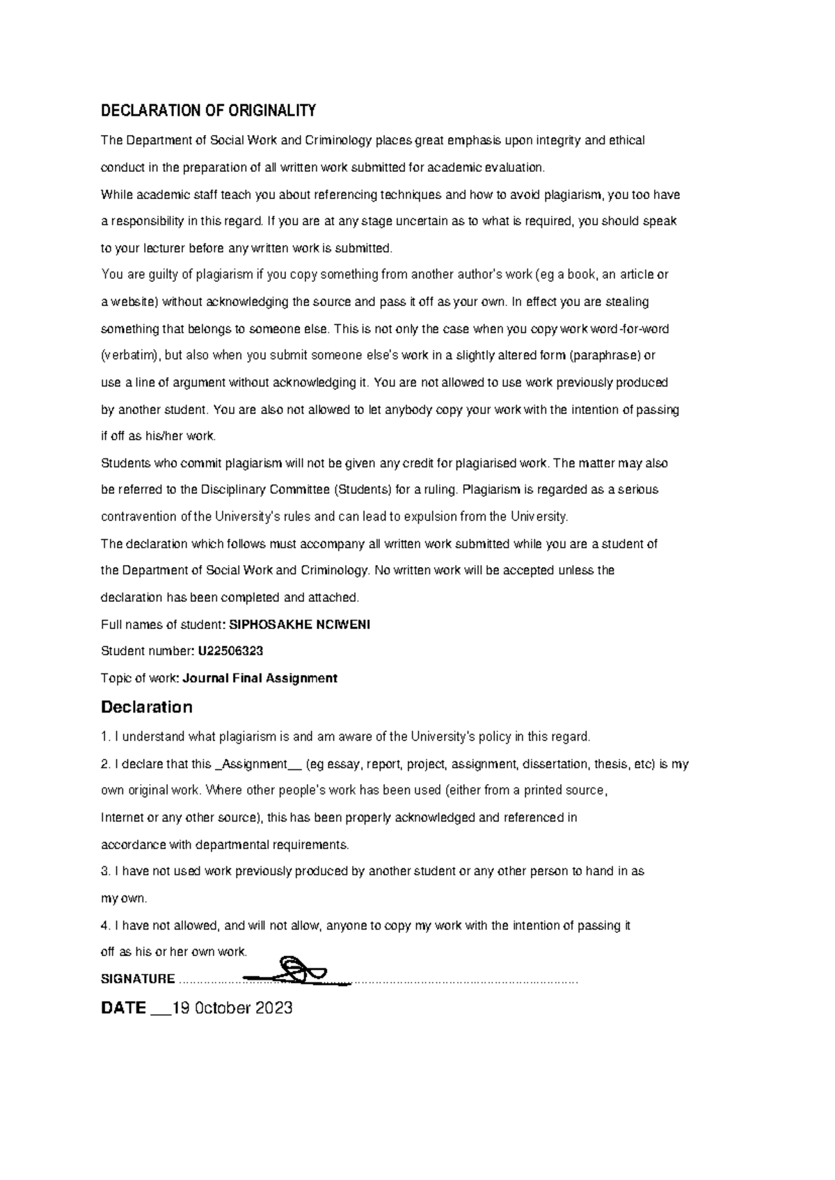 MWT ASS22 - Summary Social Work Theory - DECLARATION OF ORIGINALITY The ...