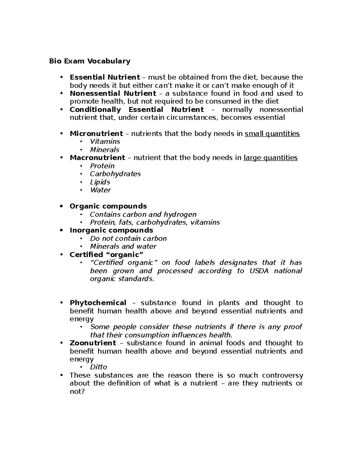 BIo Vocabulary - Bio Exam Vocabulary Essential Nutrient – must be ...