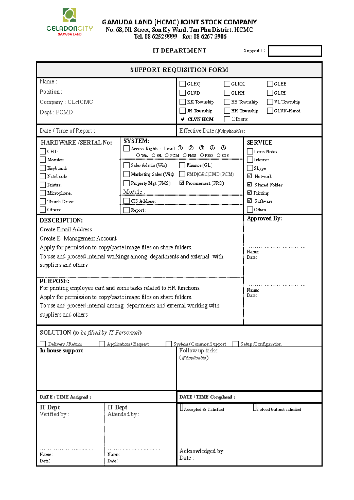 IT Support Form GL HCMC - test - GAMUDA LAND (HCMC) JOINT STOCK COMPANY ...