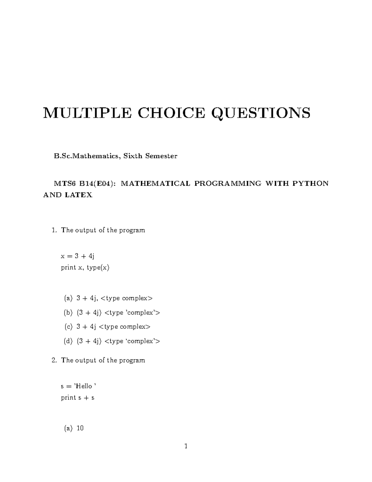 MCQ- Mathematical Programming with python and latex - Bsc maths - Studocu