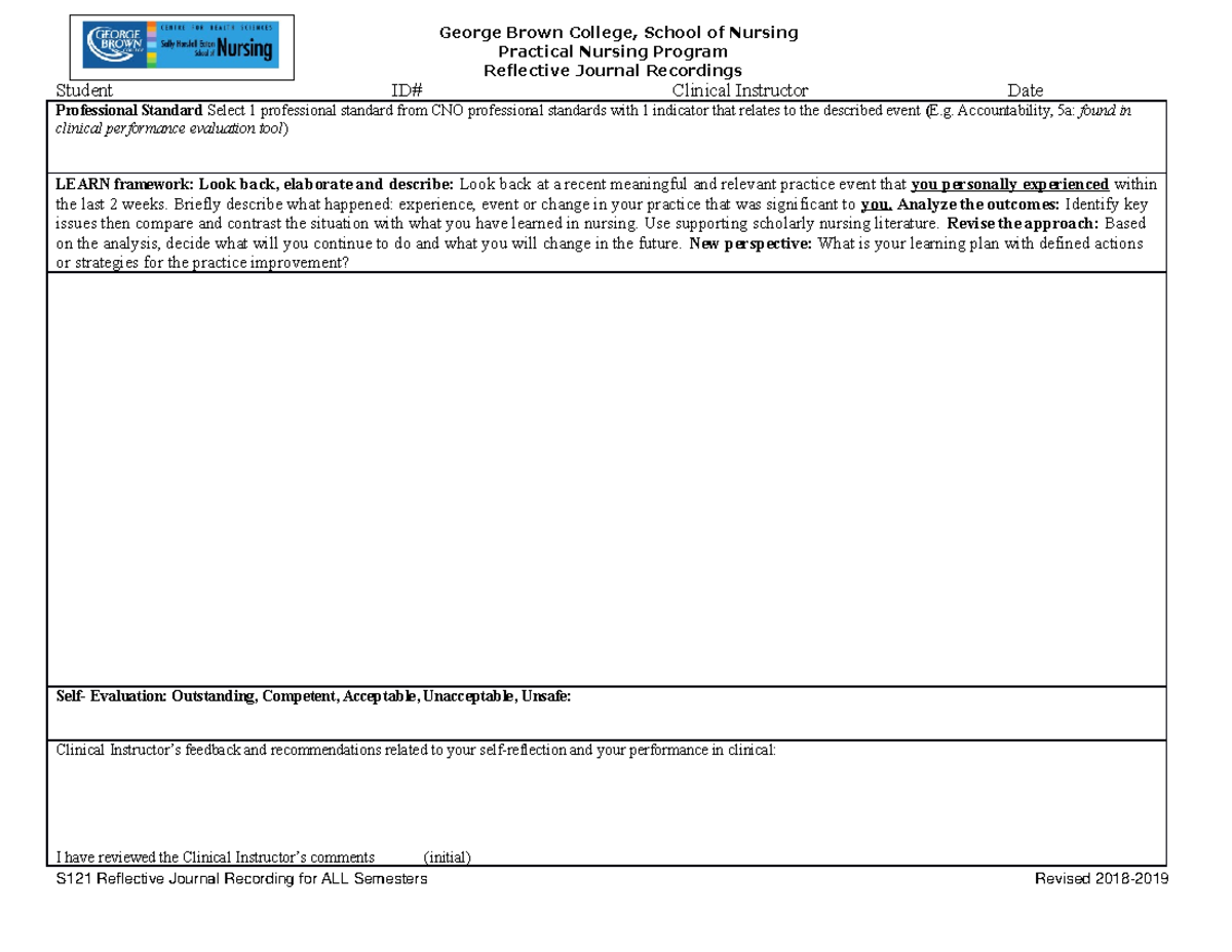 S121 Learn Reflection Journal Template 2019 revised v2 - George Brown ...