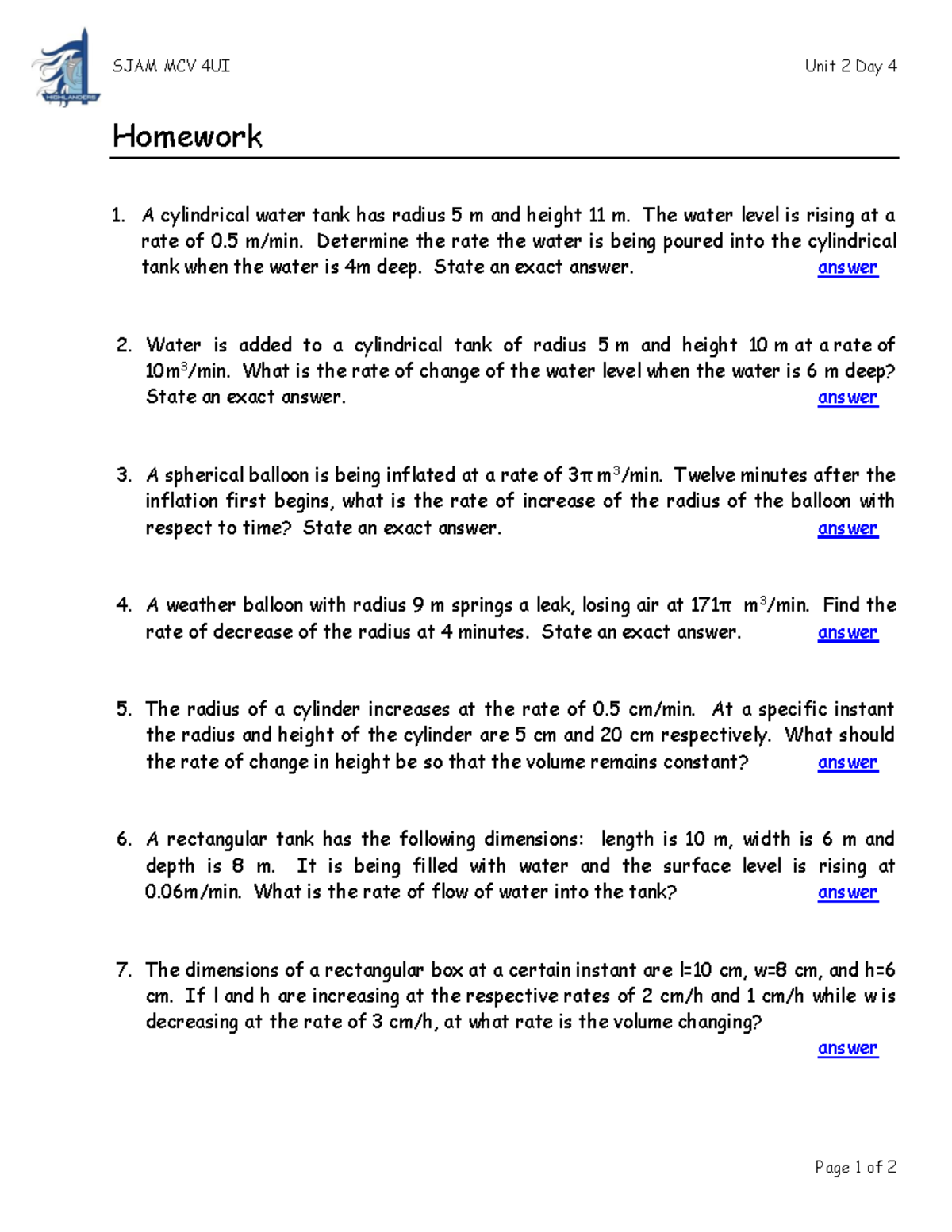 MCV4UI 2-4 - Homework - Calc HW - SJAM MCV 4UI Unit 2 Day 4 Page 1 of 2 ...