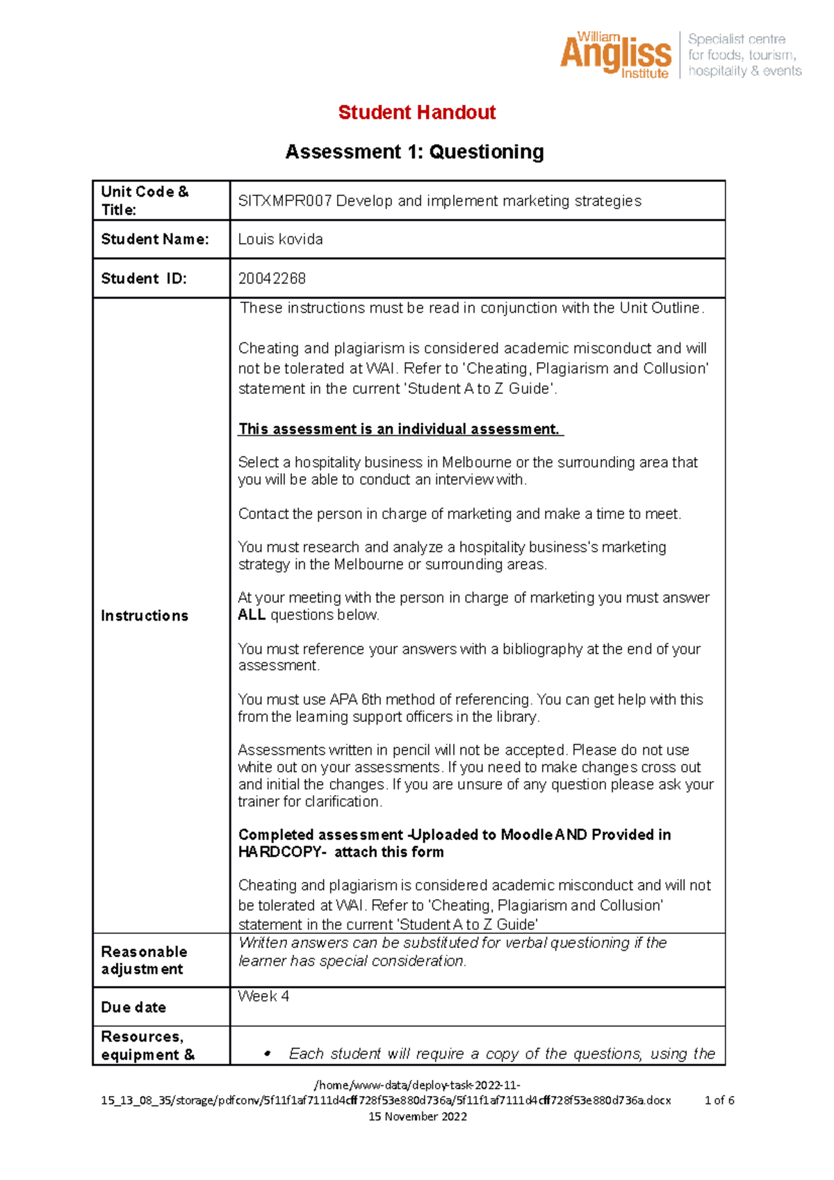 Assessment 1 learner handout - questioning (1) - Student Handout ...