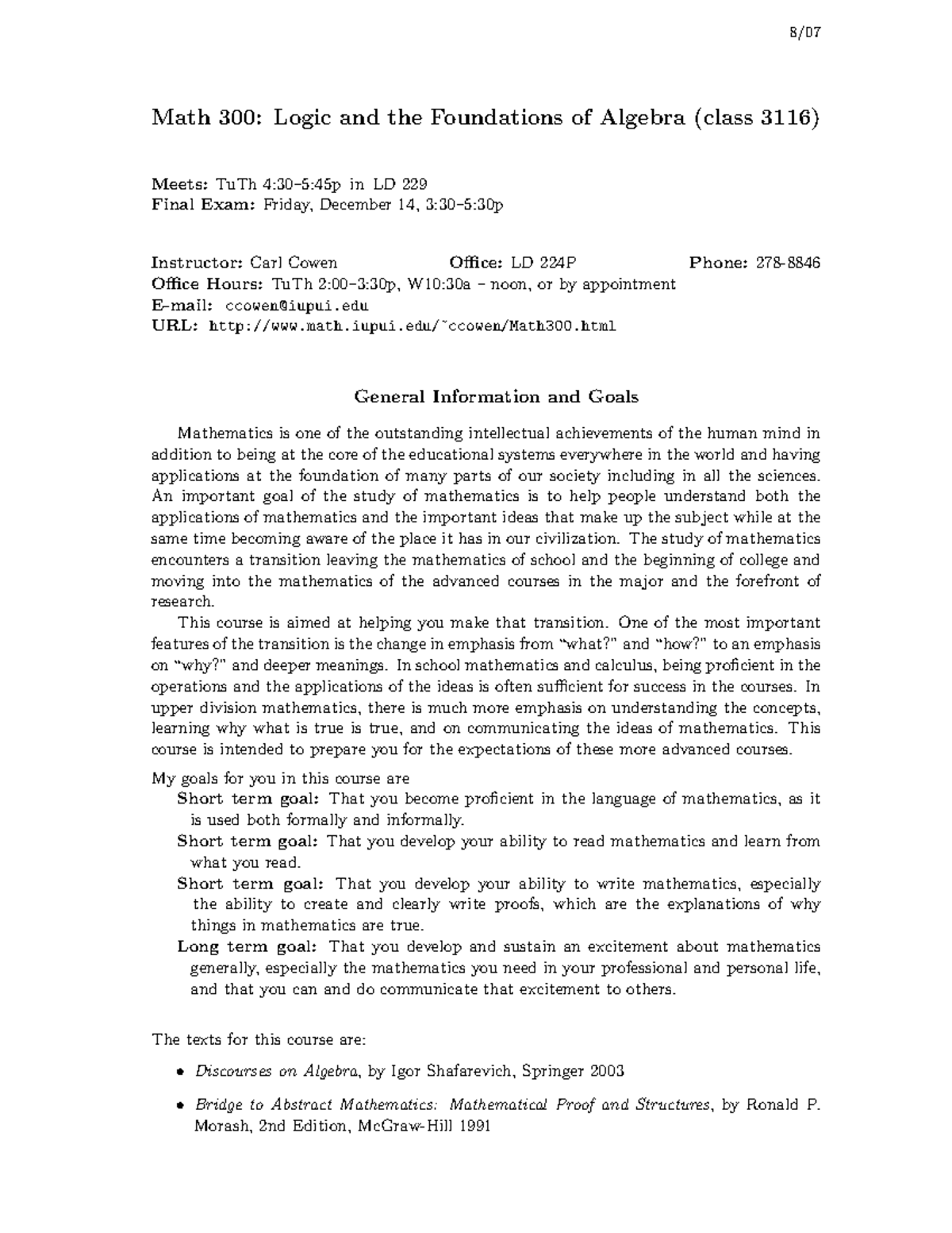 Math 300 Syllabus - 8/ Math 300: Logic and the Foundations of Algebra ...