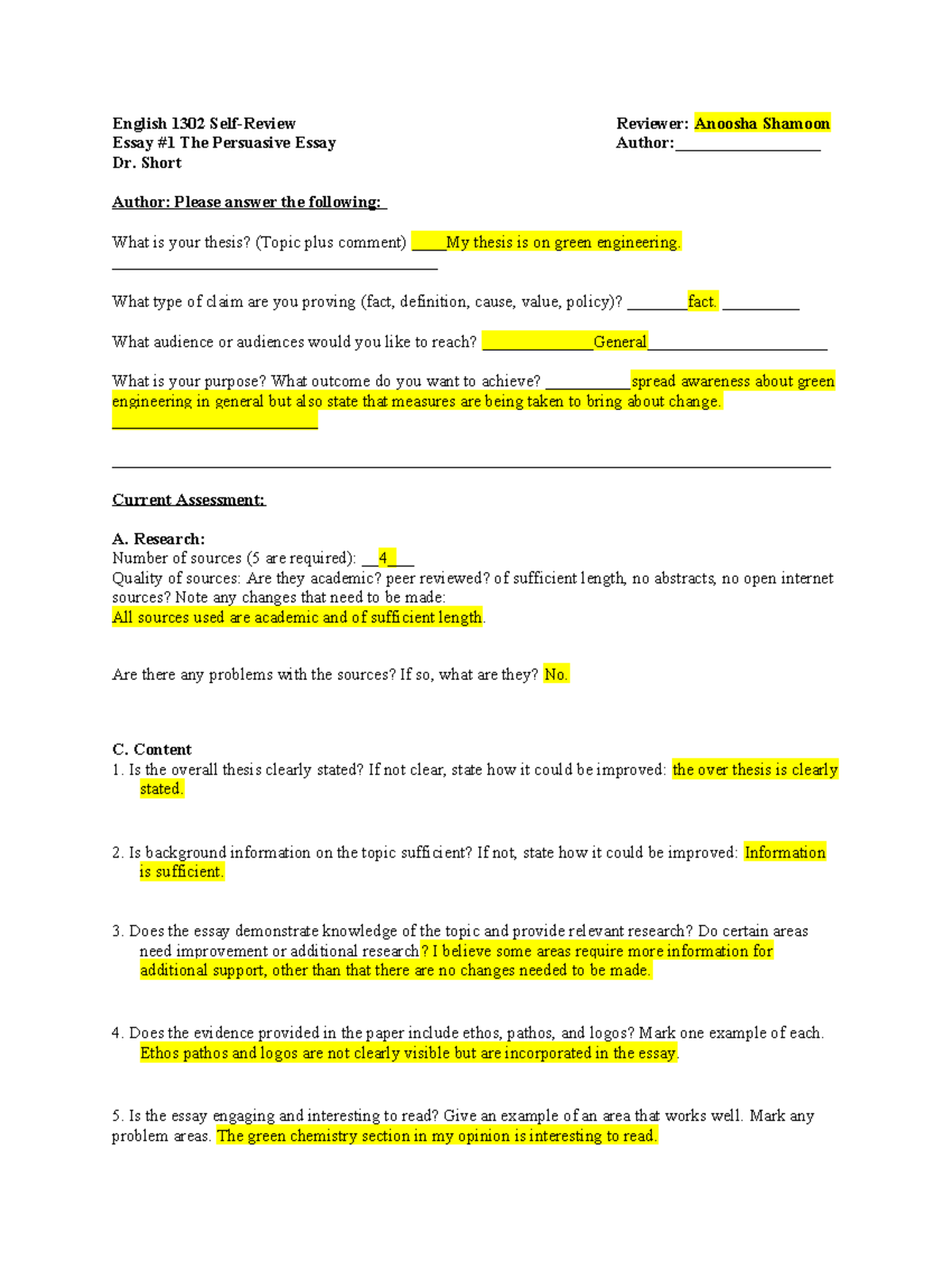 English 1302 Pers Self Review - English 1302 Self-Review Reviewer ...