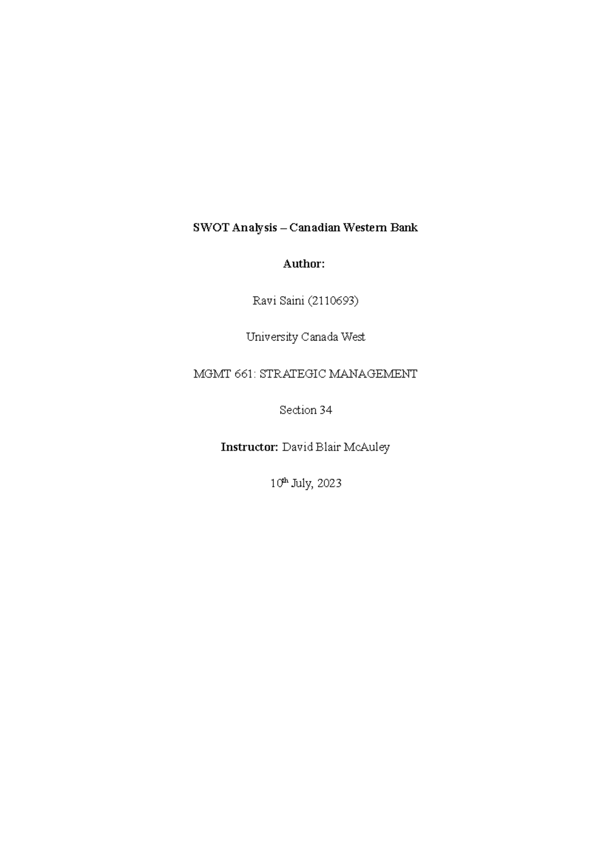 SWOT Analysis CWB - SWOT Analysis – Canadian Western Bank Author: Ravi ...