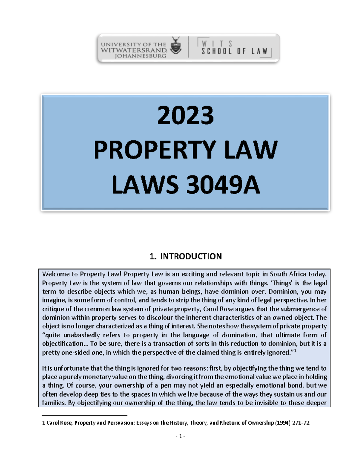 Property Law Course Outline 2023 - 1. INTRODUCTION Welcome to Property ...