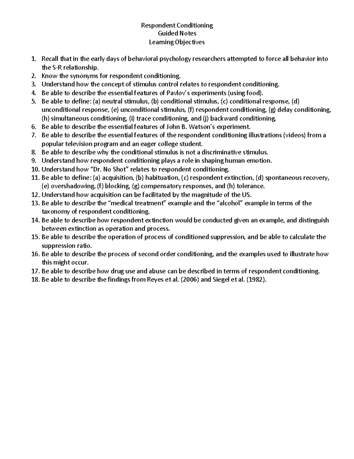 5-Respondent Conditioning - Guided Notes Learning Objectives Recall ...