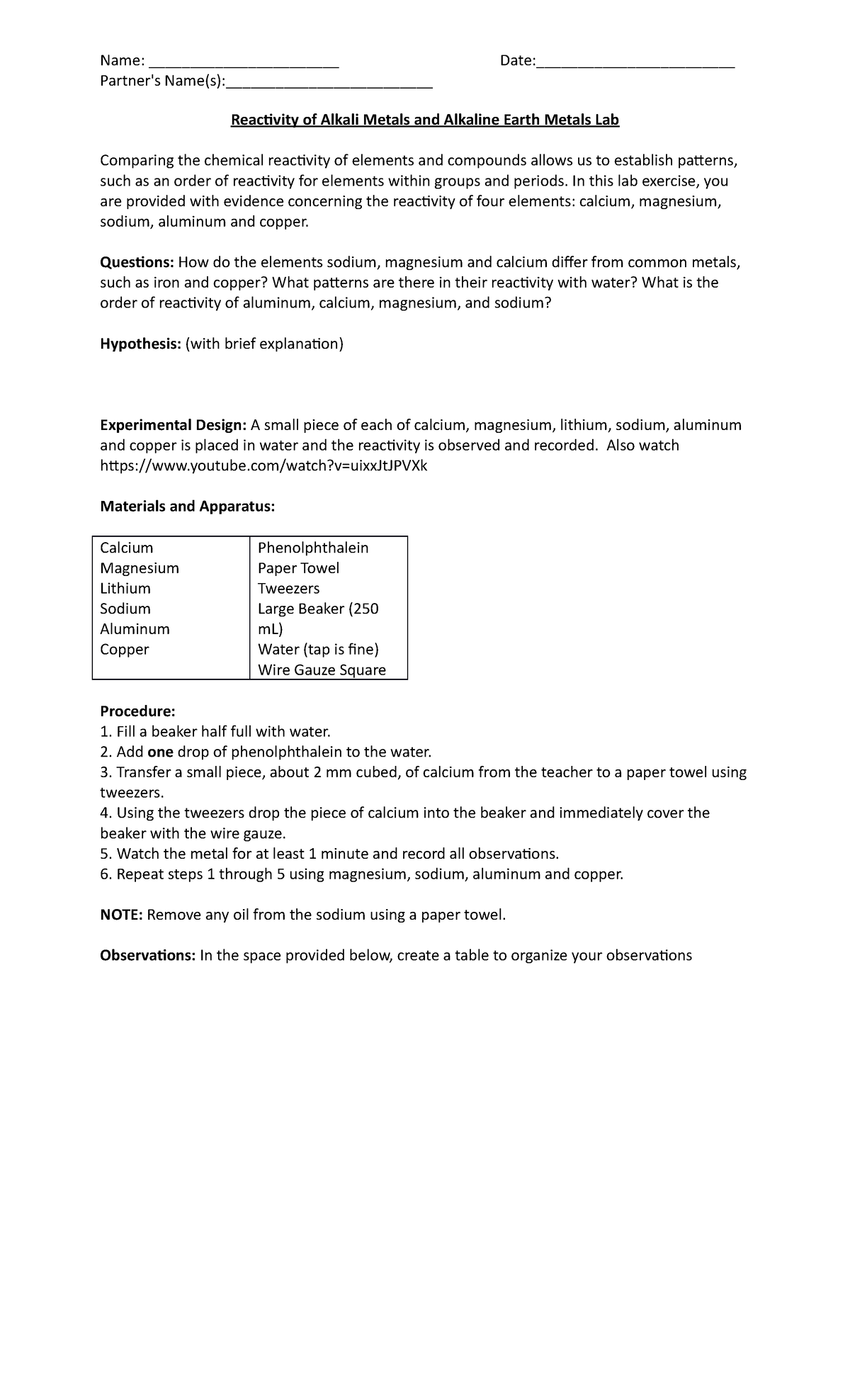 Reactivity of Alkali Metals and Alkaline Earth Metals Lab - Name