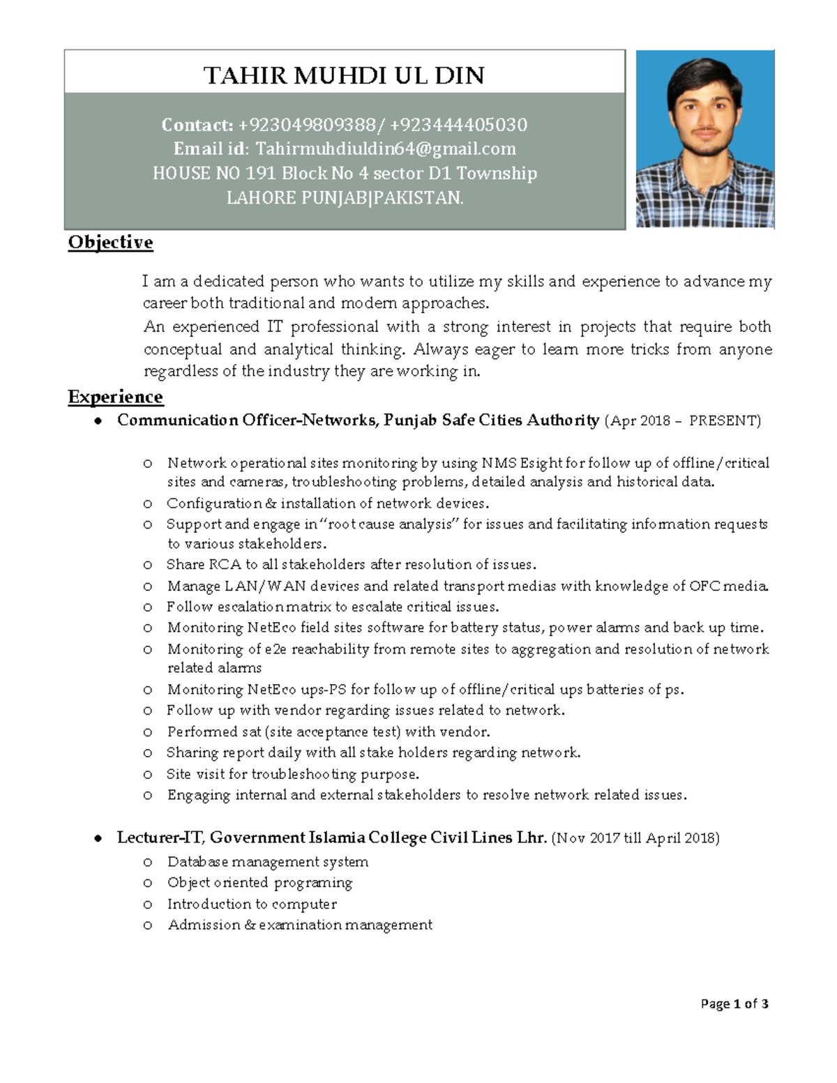 Tahir MD CV - Page 1 of 3 TAHIR MUHDI UL DIN Contact: +923049809388 ...