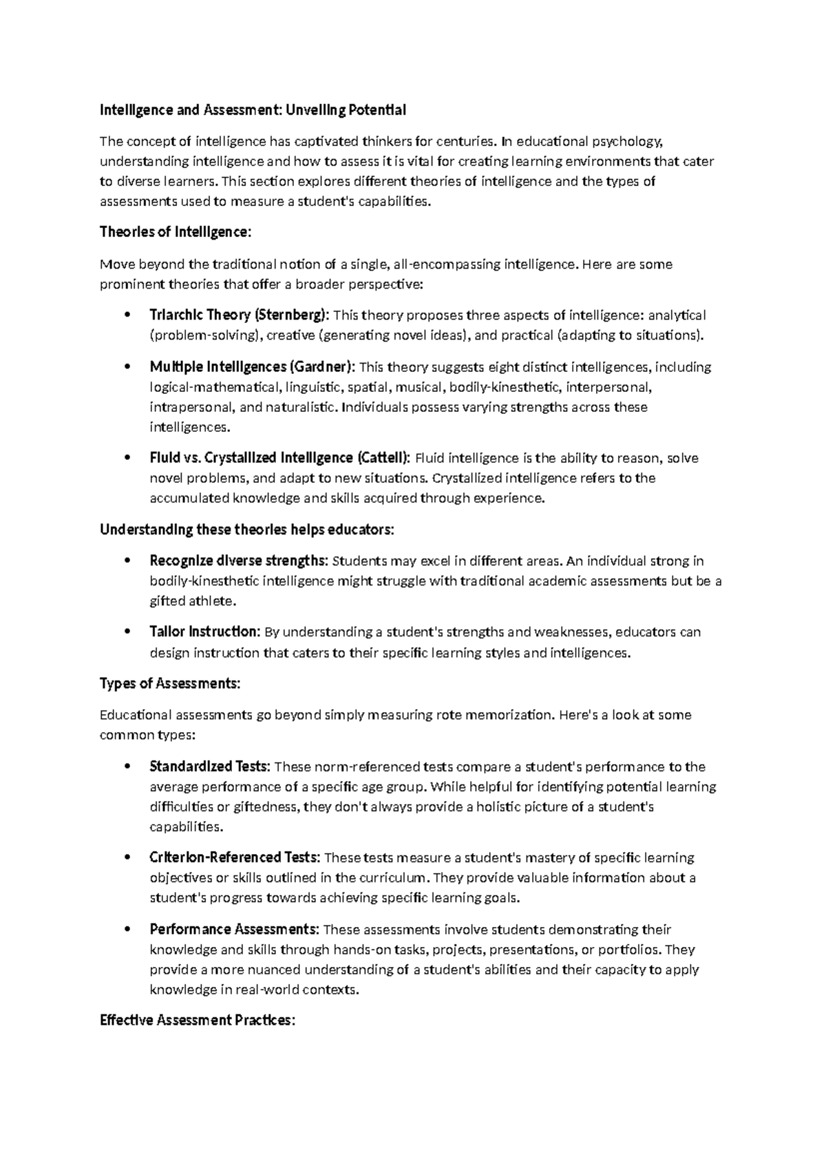 Intelligence and Assessment - In educational psychology, understanding ...