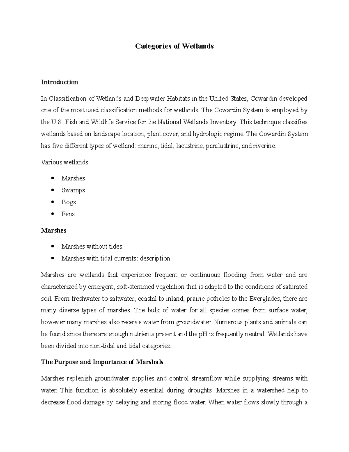 Wetland Resume 2 - the example of summary. - Categories of Wetlands Introduction In ...