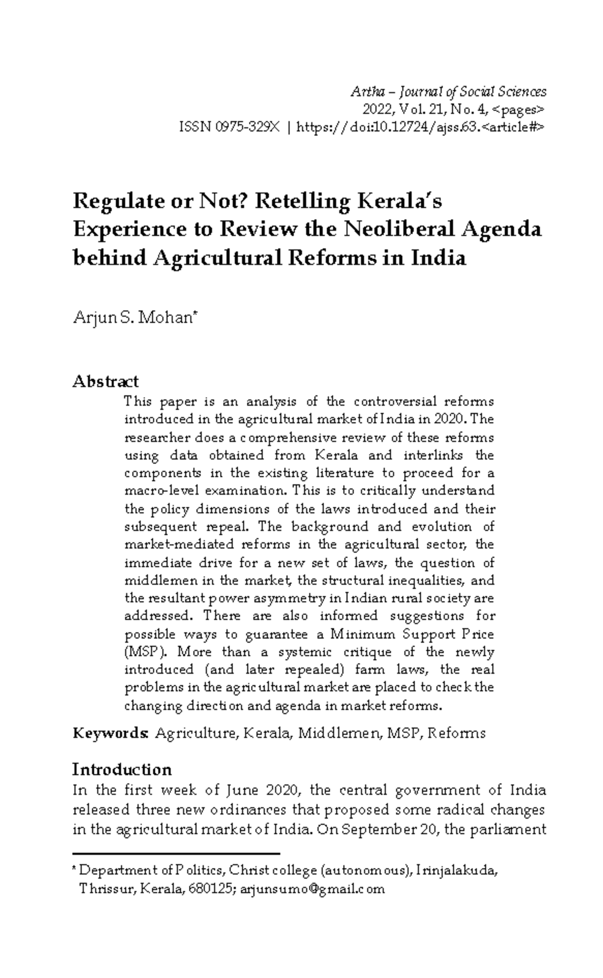 Experience to Review the Neoliberal Agenda behind Agricultural Reforms ...
