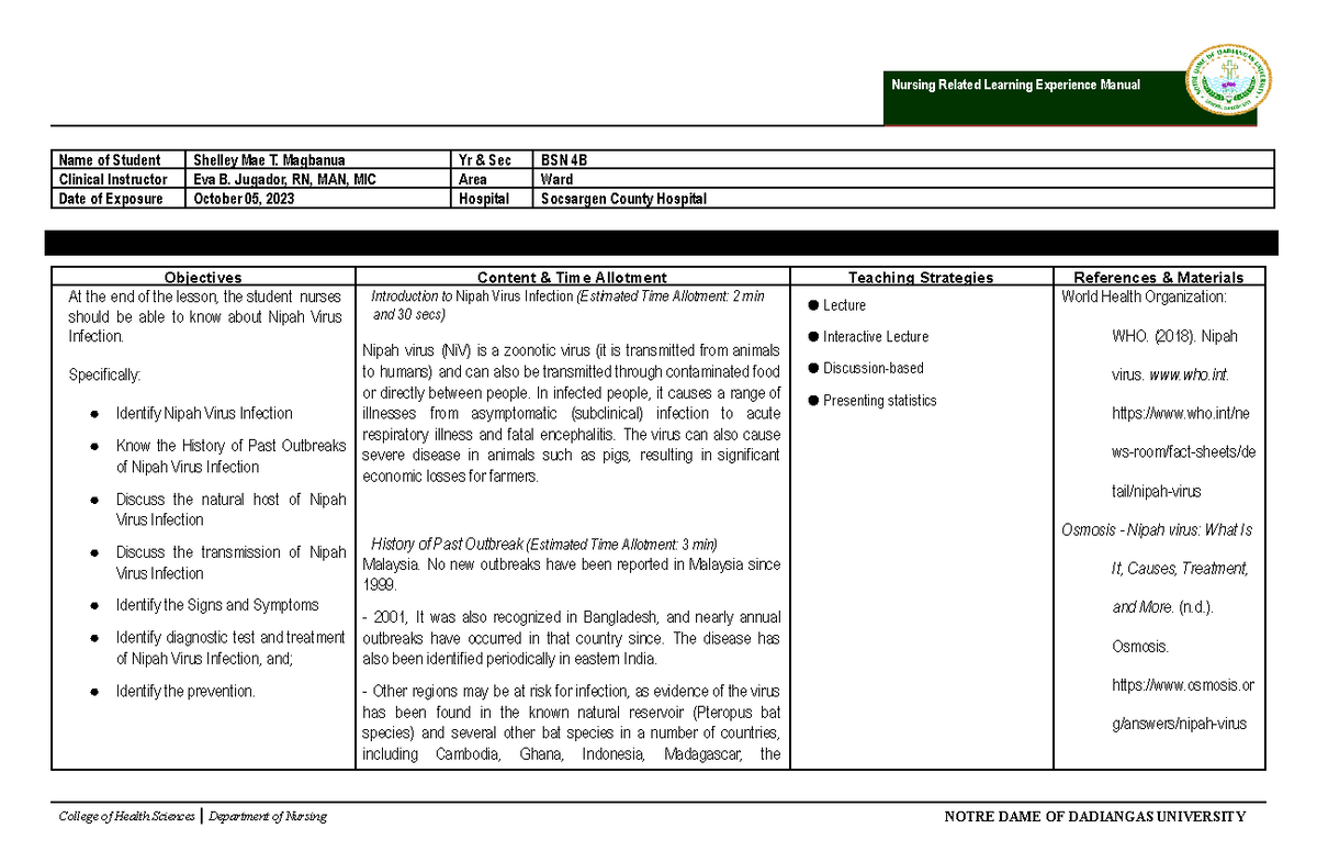 Nipah Virus Infection Lesson PLAN - Name of Student Shelley Mae T ...