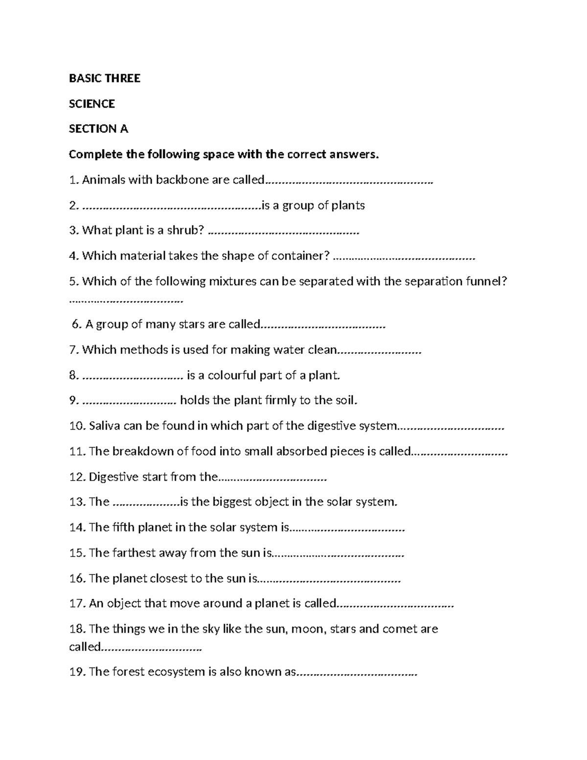 Basic Three Science - BASIC THREE SCIENCE SECTION A Complete the ...