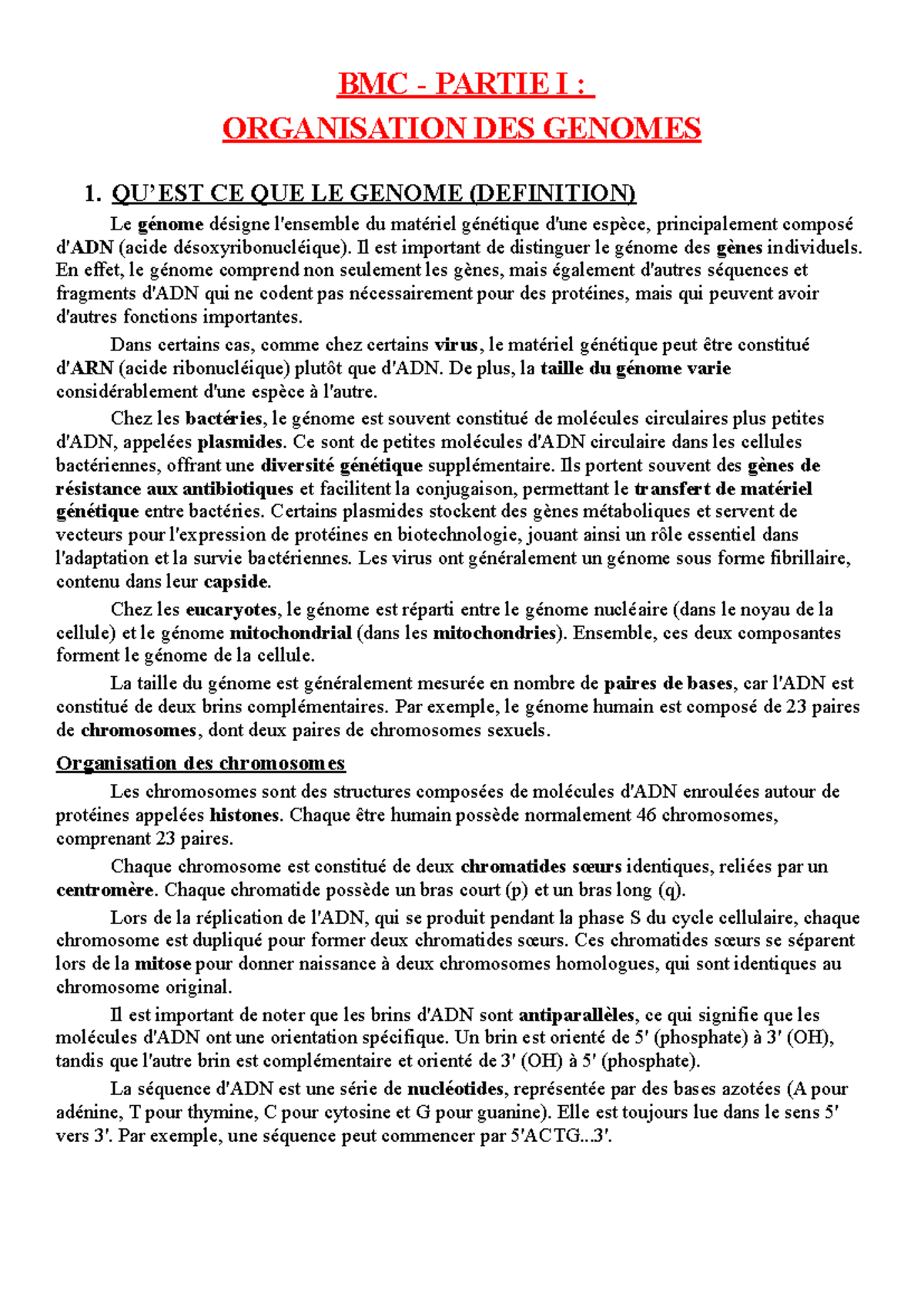 Organisation du génome - BMC - PARTIE I : ORGANISATION DES GENOMES 1 ...