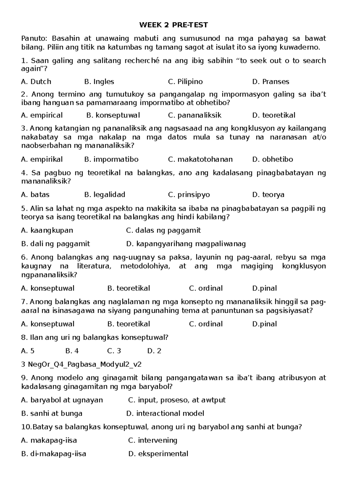 Filipino WEEK2 PRE-TEST - WEEK 2 PRE-TEST Panuto: Basahin at unawaing ...