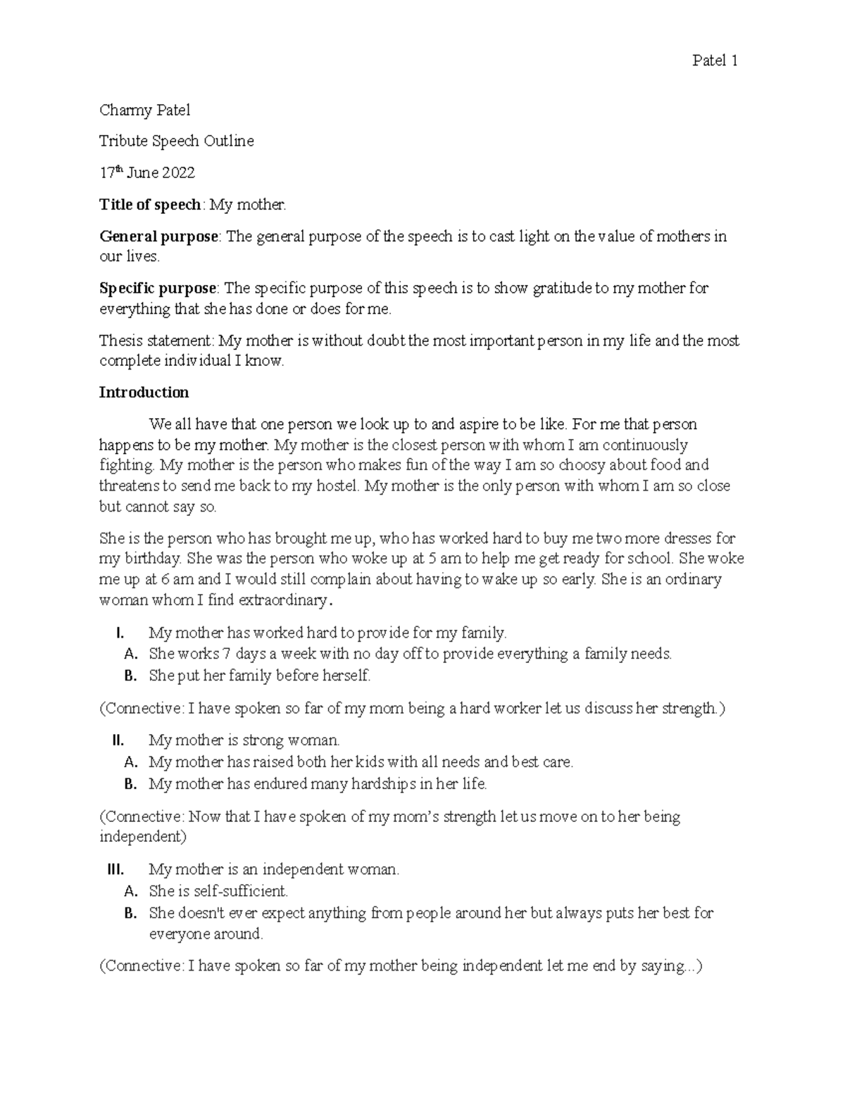 Tribute Outline Modified - Patel 1 Charmy Patel Tribute Speech Outline ...
