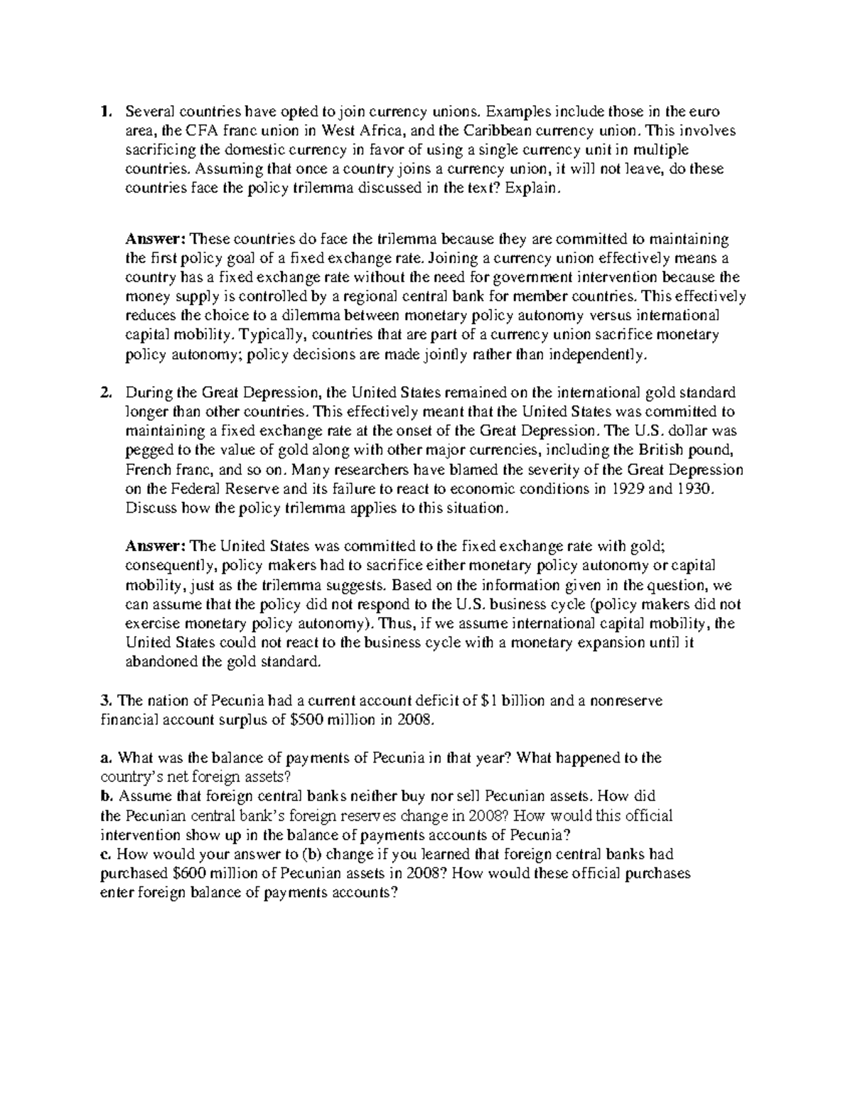 Problem Set #3 Answers - Homework - Several countries have opted to join currency unions ...