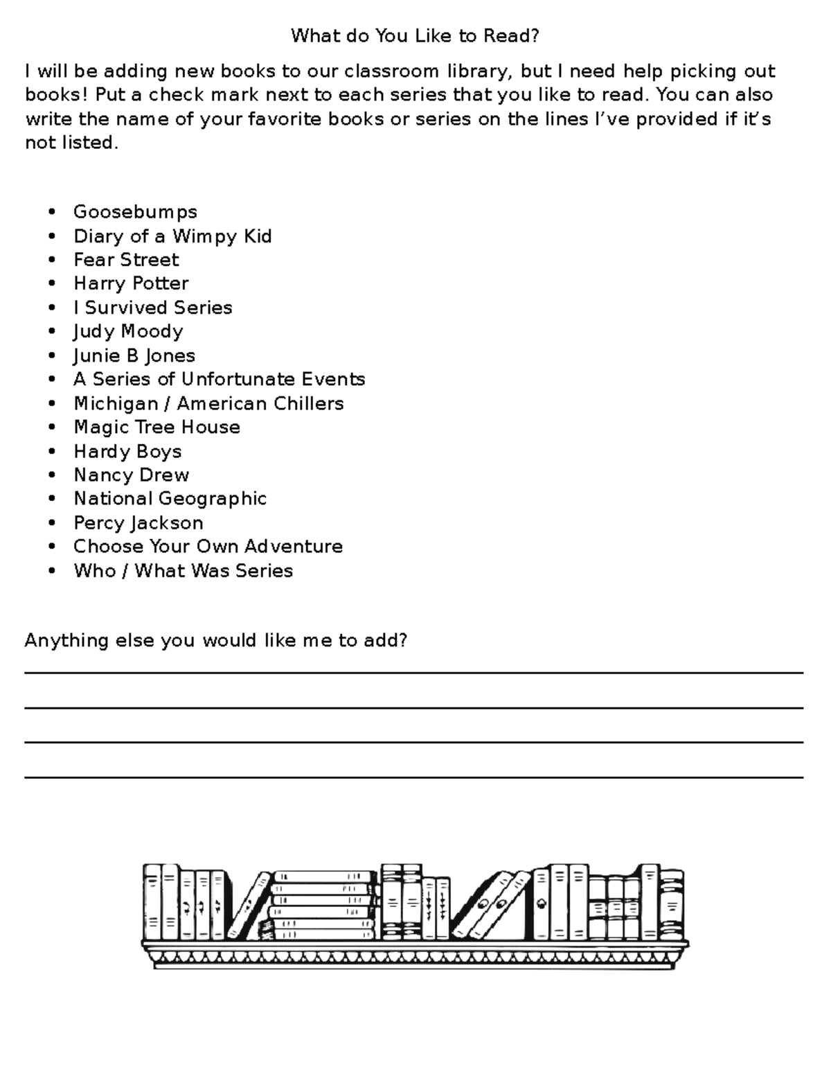 Book Survey For Classroom Library - What do You Like to Read? I will be ...