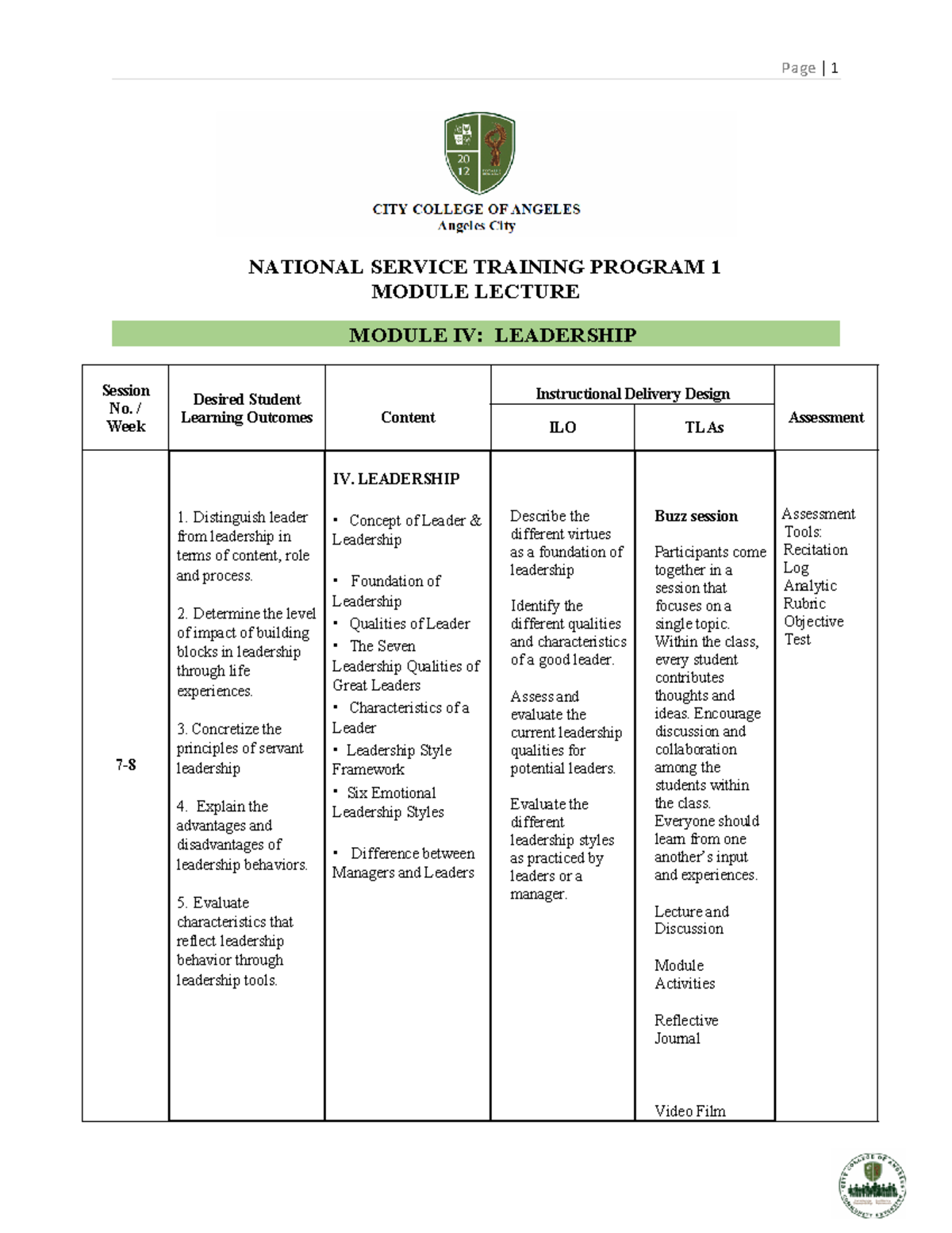 Module-IV-Leadership - NATIONAL SERVICE TRAINING PROGRAM 1 MODULE ...
