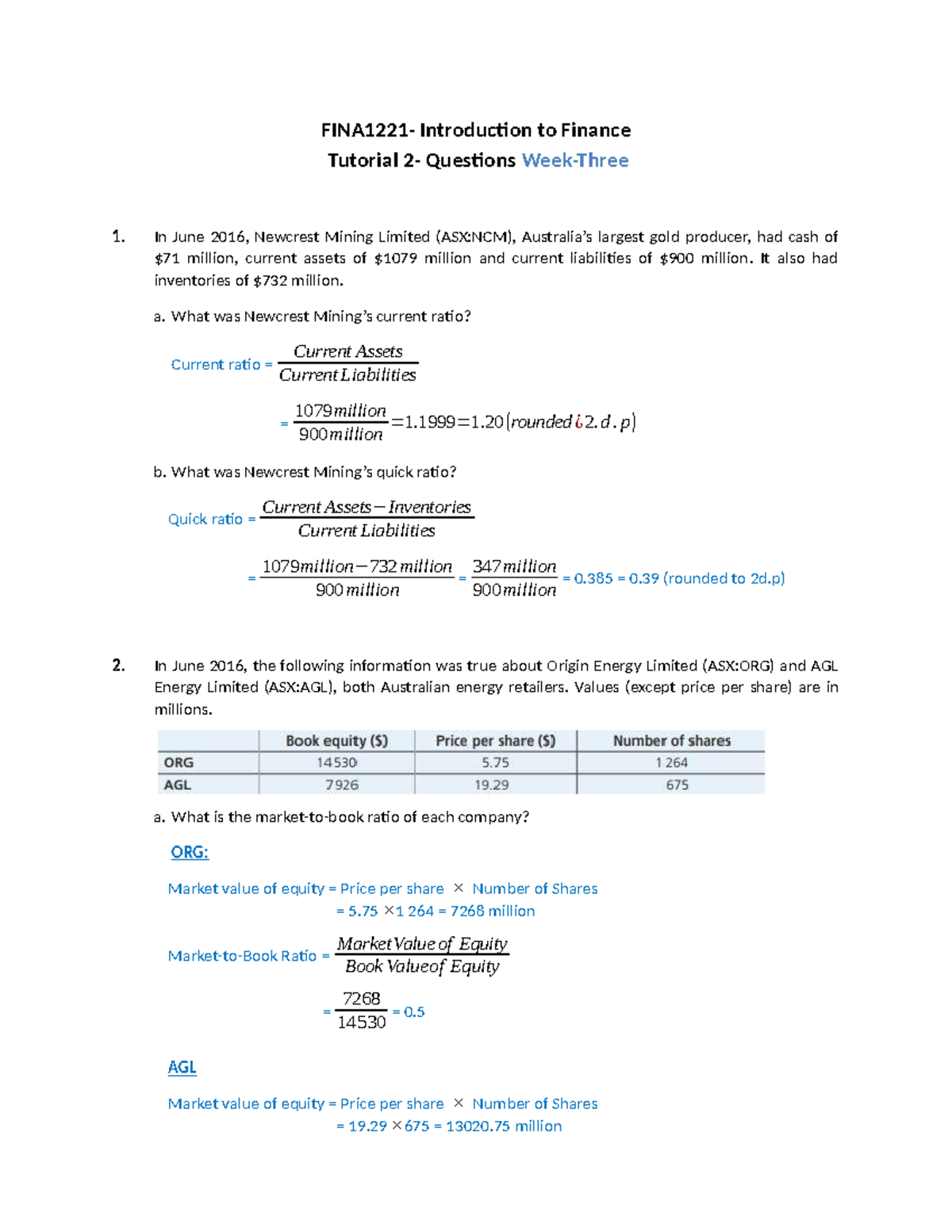 Tutorial 02 Question - FINA1221- Introduction to Finance Tutorial 2 ...