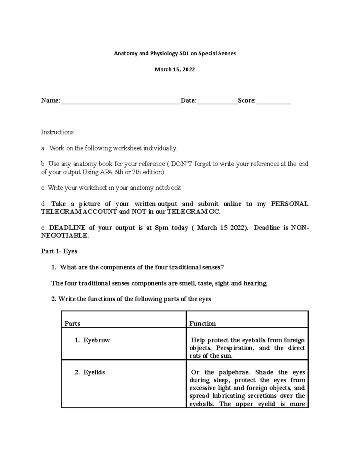 Anatomy and Physiology SDL on Special SensesSCiend - Anatomy and Physiology SDL on Special ...