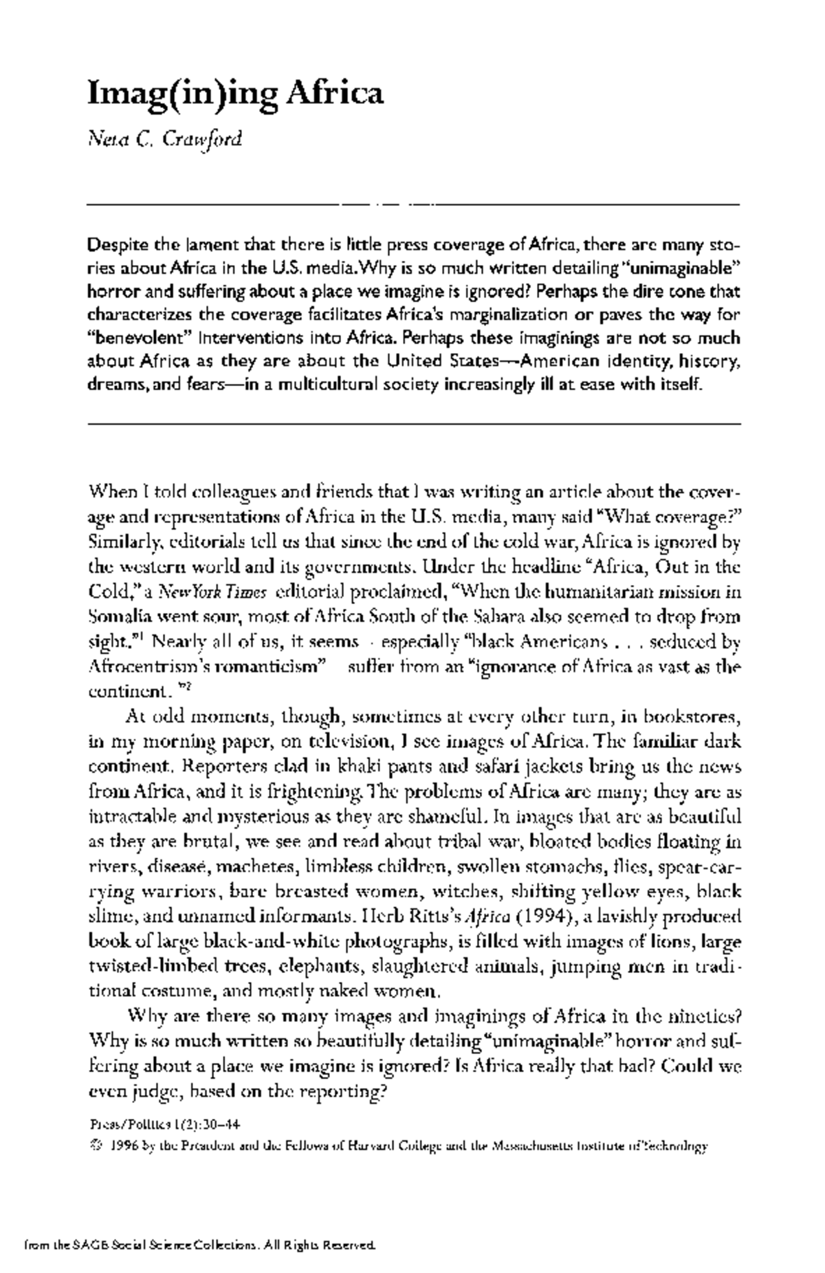 Crawford 1996 imag in ing africa - Ap/Anth 2120 - from the SAGE Social Science Collections. All ...