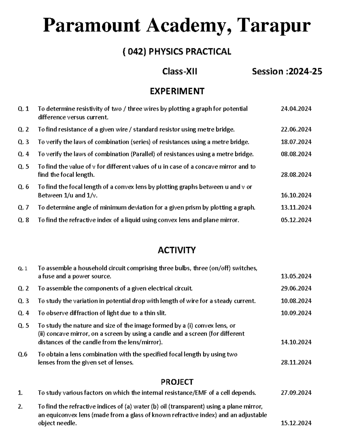 Practical Class-XII (2024-25) - ( 042) PHYSICS PRACTICAL Class-XII Session :202 4 - 25 ...