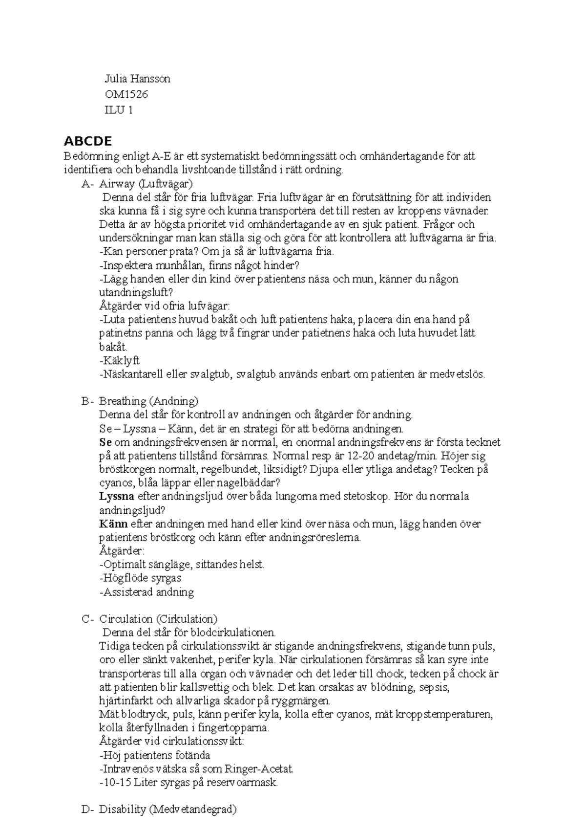 Akut buk, omvårdnad osv - Julia Hansson OM ILU 1 ABCDE Bedömning enligt ...