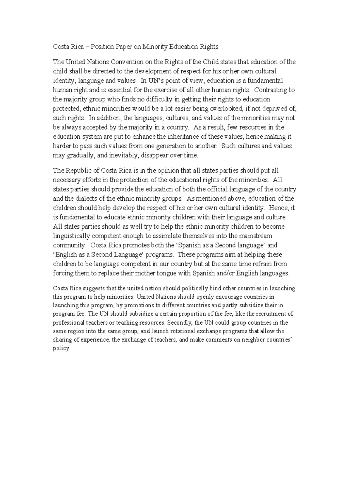 Costa Rica Position Paper on Minority Ed - In UN’s point of view ...
