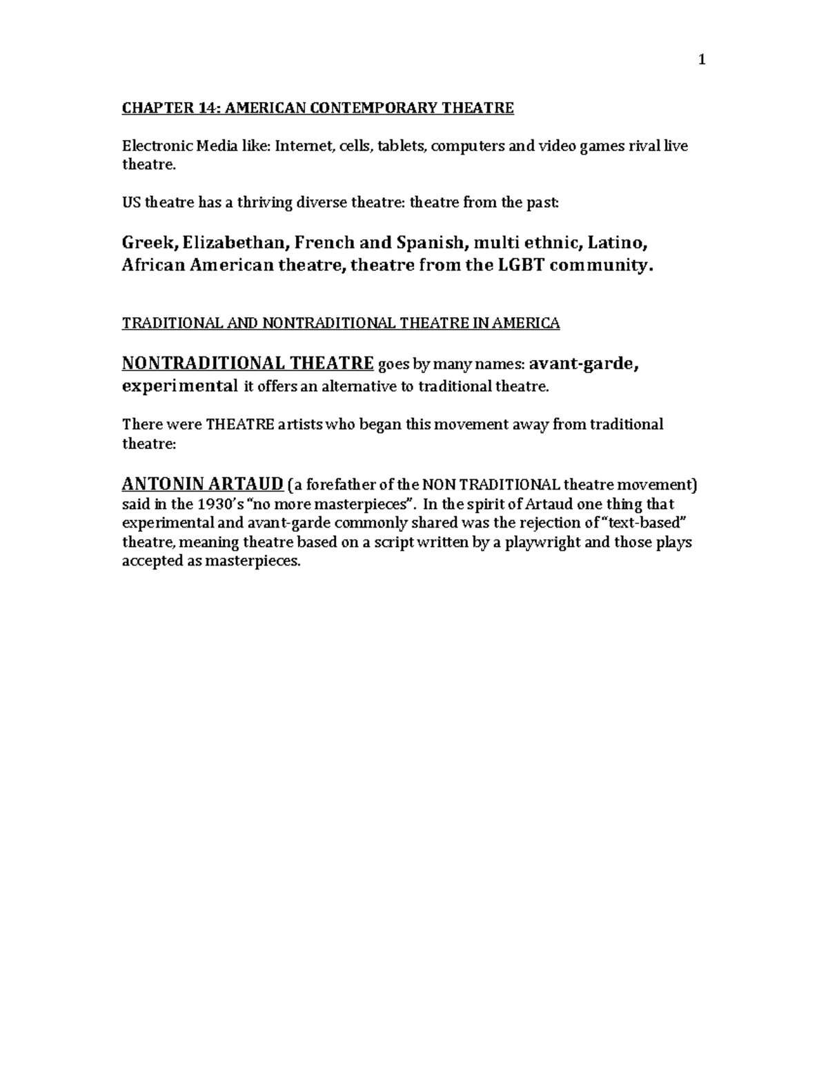 Chapter 14 class notes - CHAPTER 14: AMERICAN CONTEMPORARY THEATRE ...