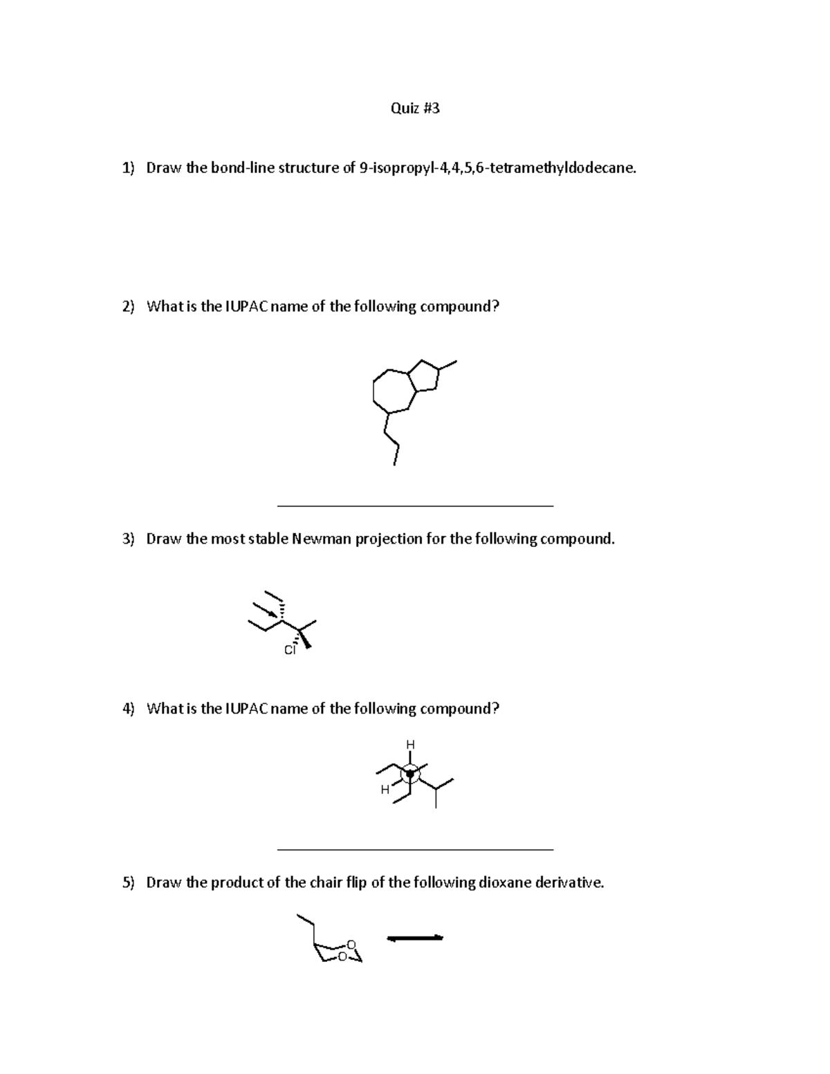 CHE 3331 Quiz 3 - Quiz # Draw the bond-line structure of 9-isopropyl-4 ...