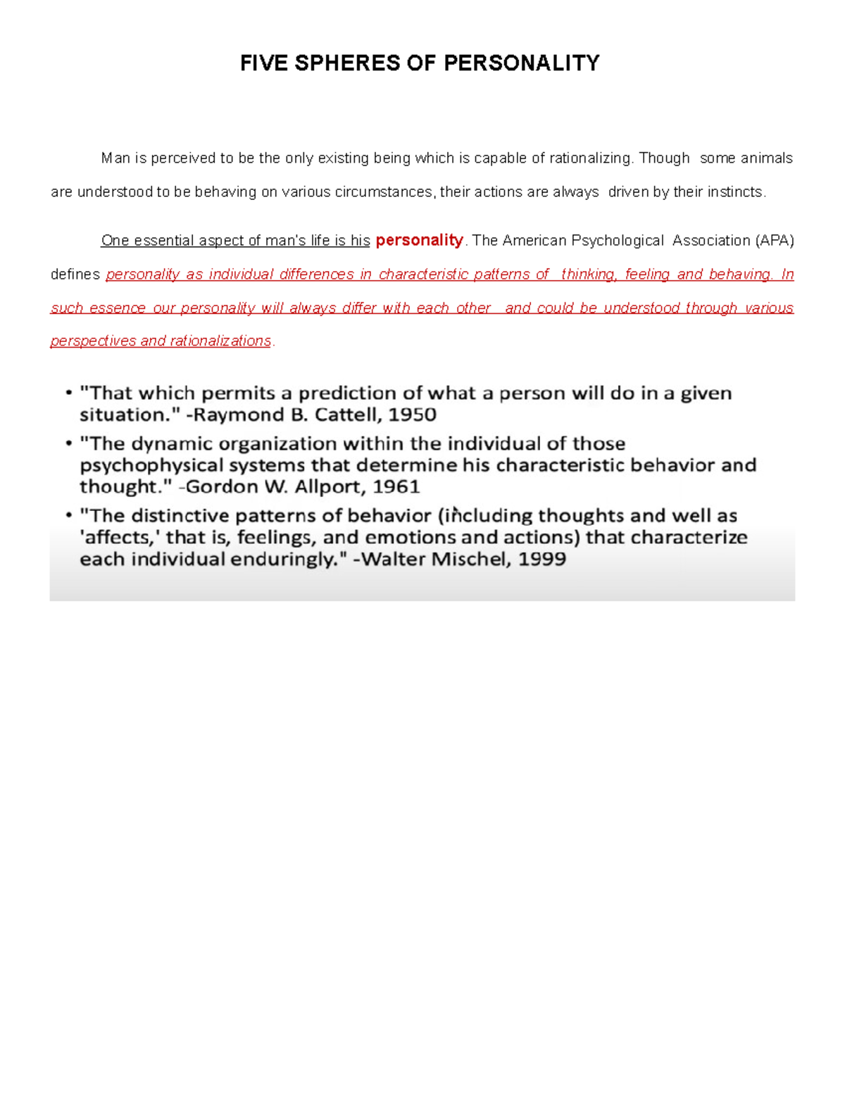 Five Spheres of Personality - FIVE SPHERES OF PERSONALITY Man is ...
