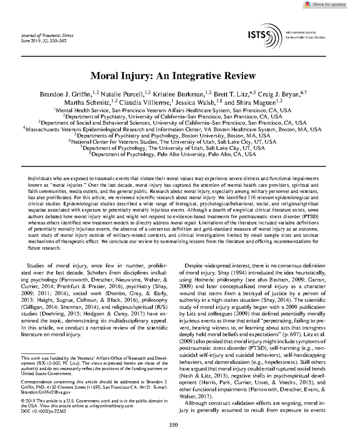 Moral injury an integrative review - Journal of Traumatic Stress June ...