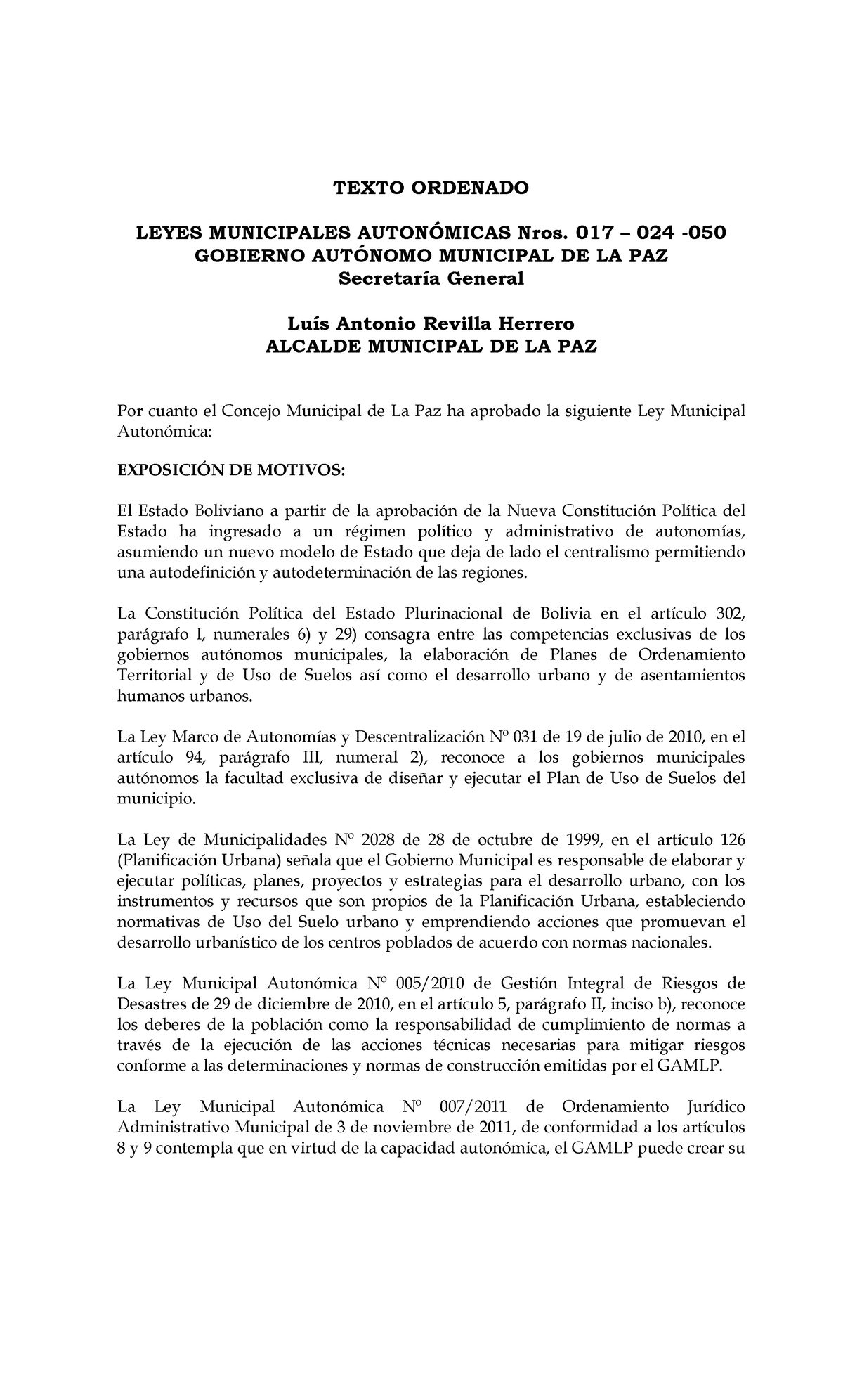 Ley Nro_ 017 - 24 - 50 TEXTO ORDENANDO.pdf - TEXTO ORDENADO LEYES MUNICIPALES AUTONÓMICAS Nros ...