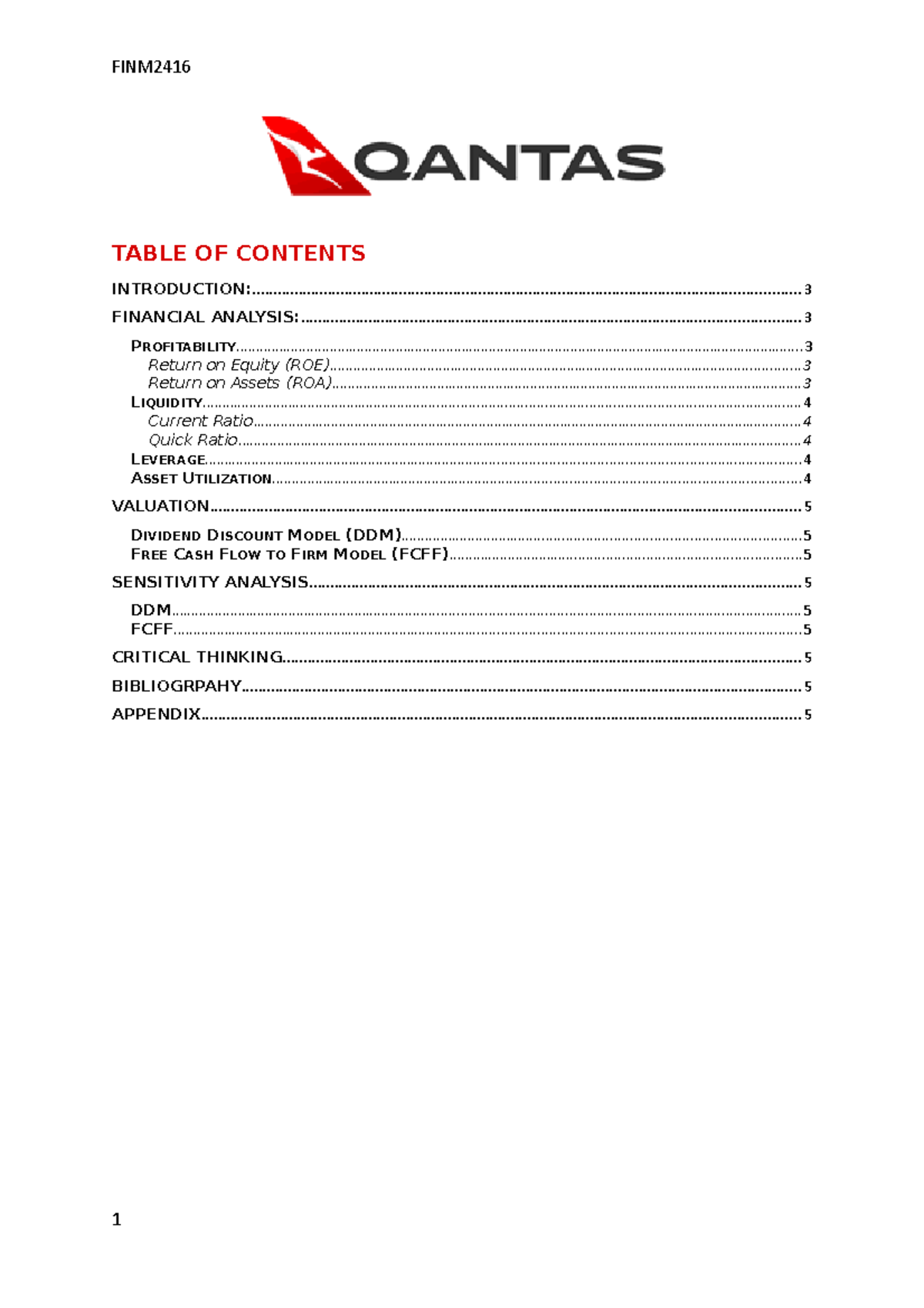 Qantas Fianancial Analysis - TABLE OF CONTENTS - Studocu