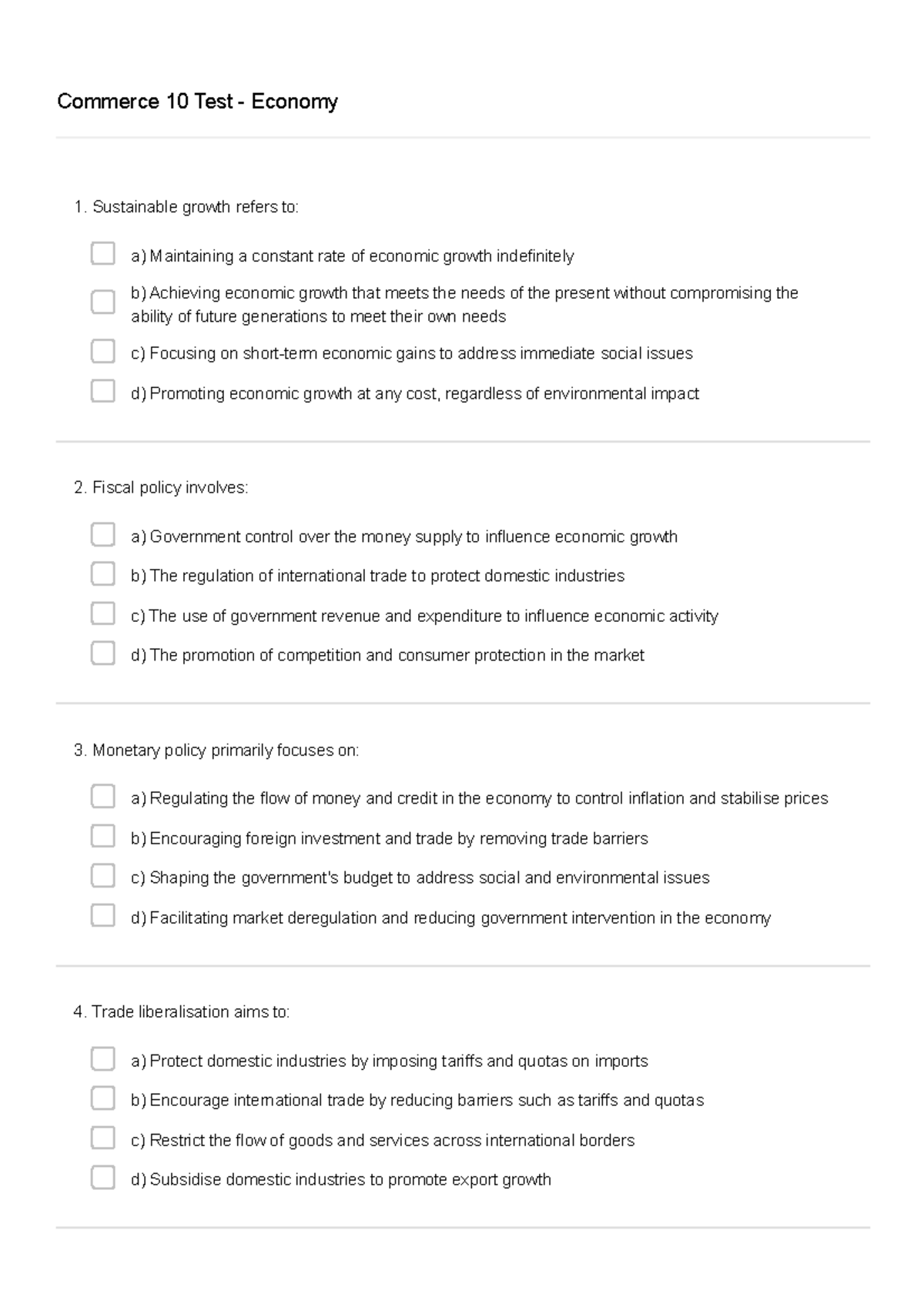 MC Questions Commerce Test - Commerce 10 Test - Economy Sustainable ...