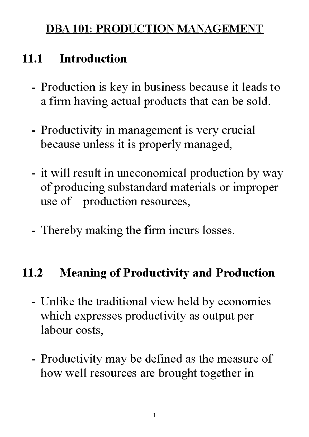 DBA 13 DBA 1 Introduction to business. It contains notes on the ...