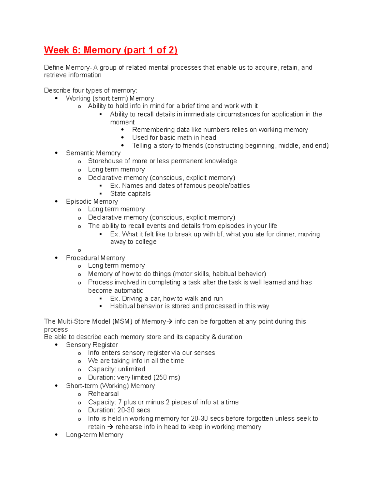 Memory PSY 205 WEEK 6 7 Notes Week 6 Memory part 1 Of 2 Define memory-psy-205-week-6-7-notes-week-6-memory-part-1-of-2-define