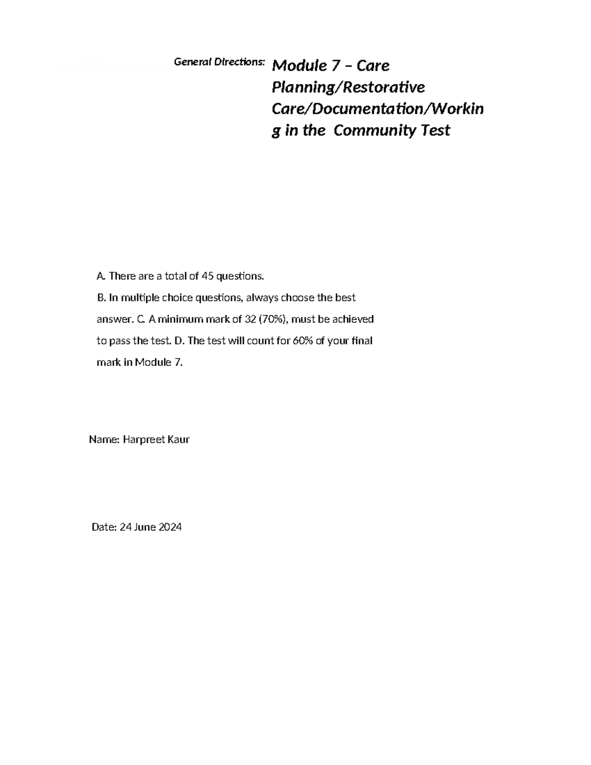 IV-8 Test - Module 7 Care Planning - General Directions: Module 7 ...