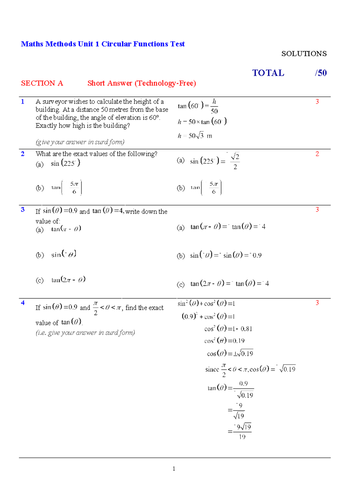 Circular Functions Test - Solutions - Maths Methods Unit 1 Circular ...