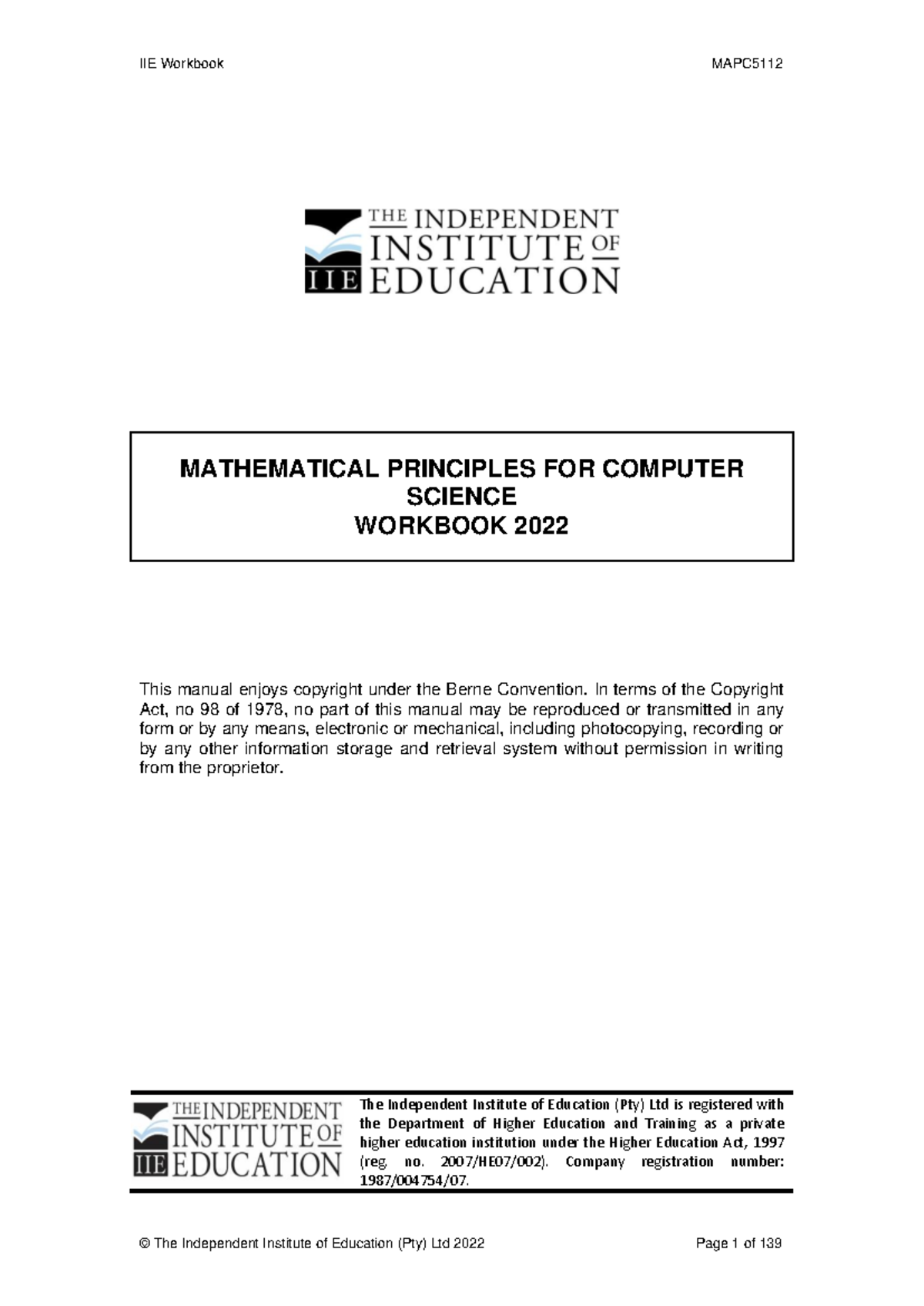 MAPC5112 Workbook - MATHEMATICAL PRINCIPLES FOR COMPUTER SCIENCE ...