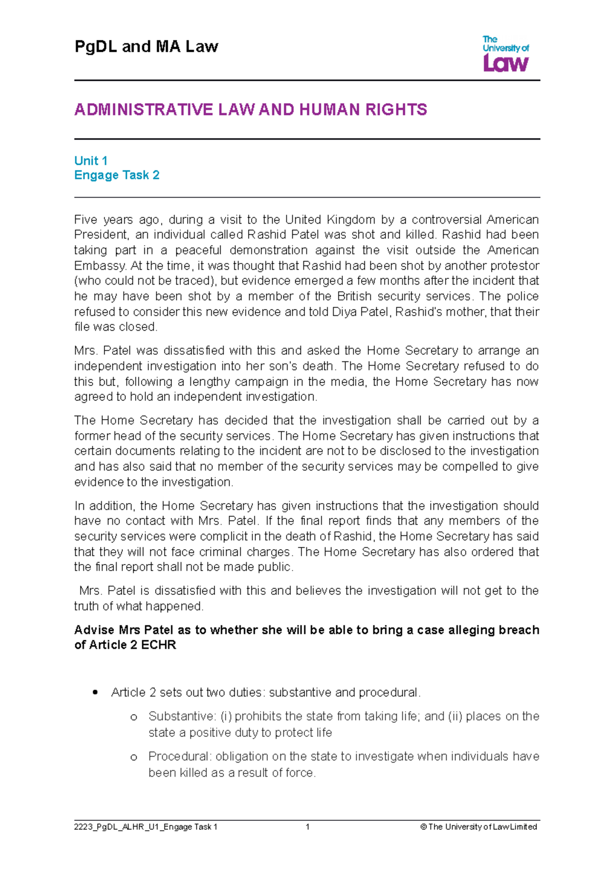 W1 E2 - class question - PgDL and MA Law ADMINISTRATIVE LAW AND HUMAN ...