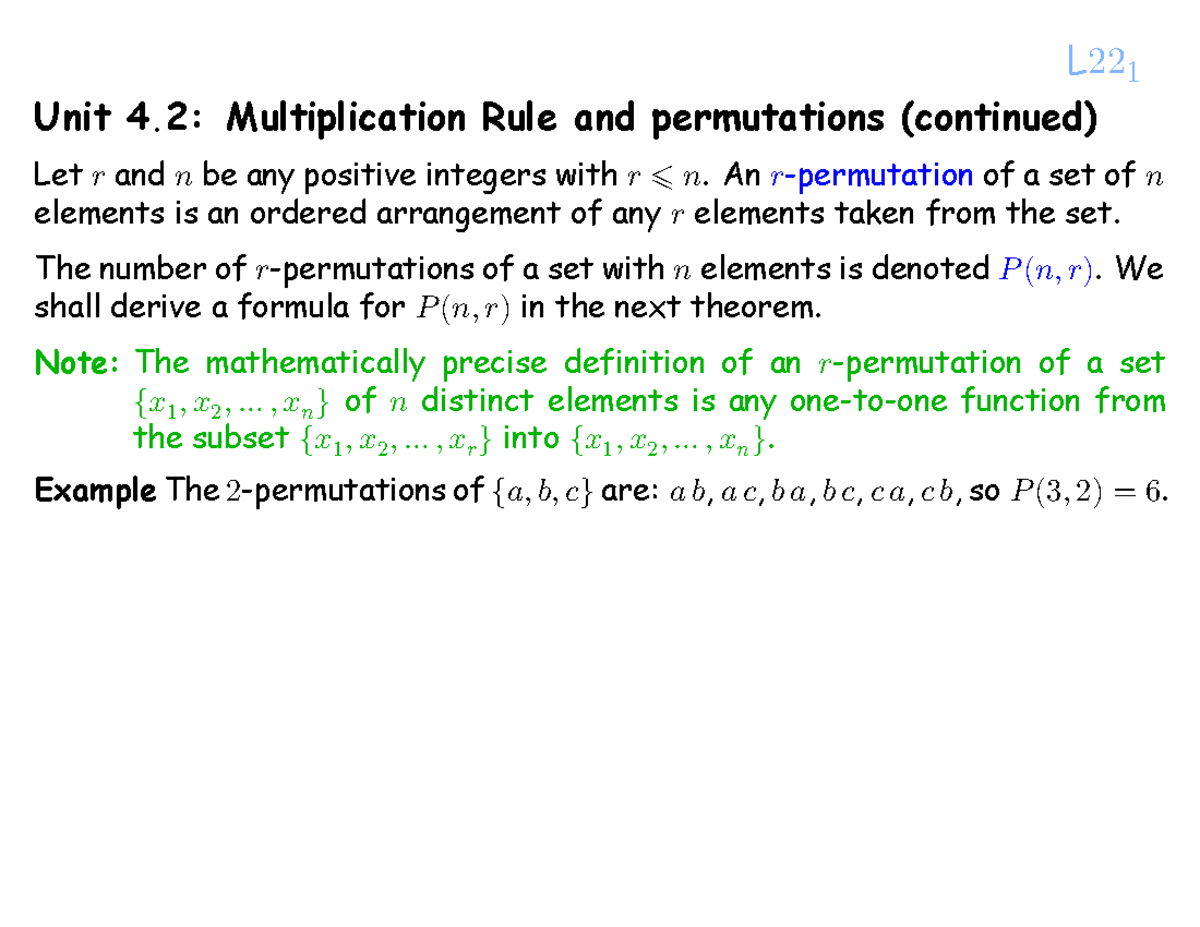 L22 - Unit 4.2: Multiplication Rule and permutations (continued) - Unit 4: Multiplication Rule ...