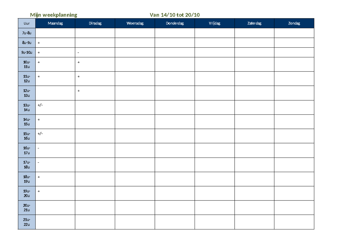 Weekschema - allez - Mijn weekplanning Van 14/10 tot 20/ Uur Maandag ...