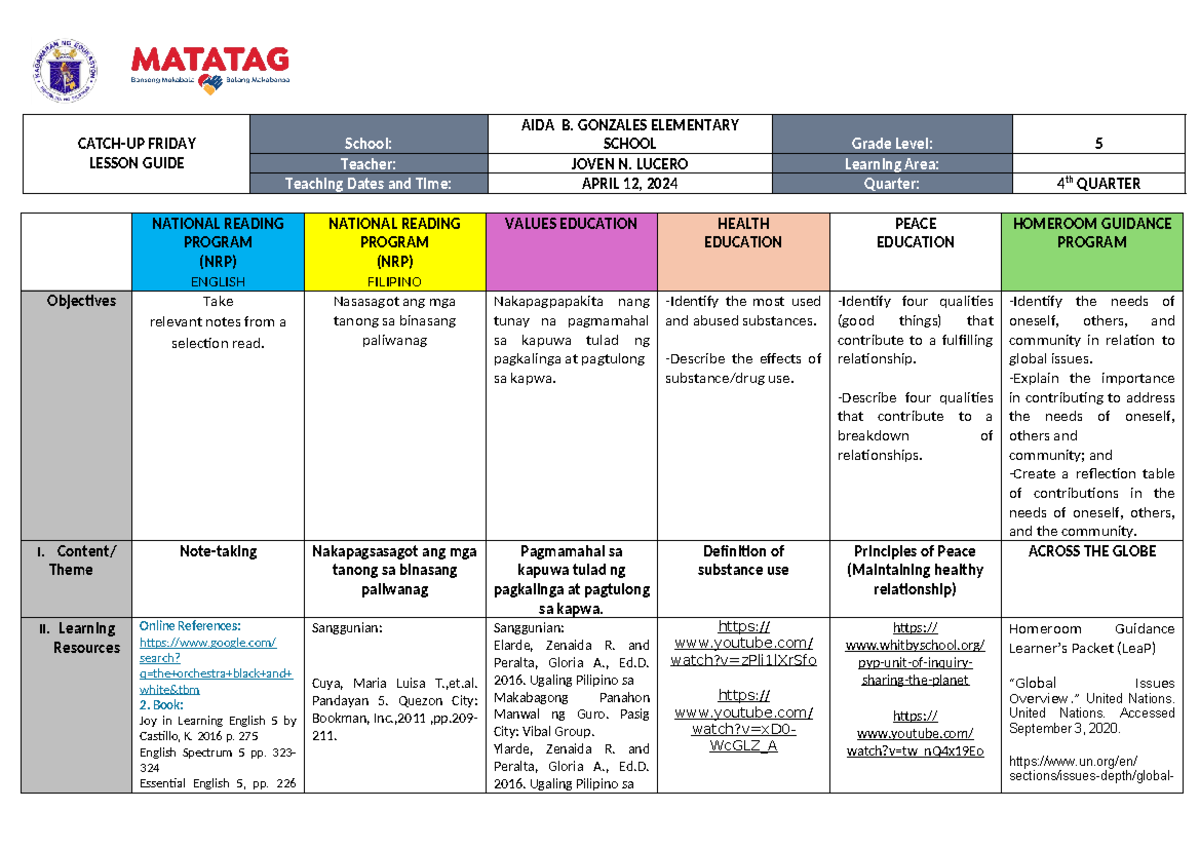 Grade 5 Catch UP April 122024 - CATCH-UP FRIDAY LESSON GUIDE School ...